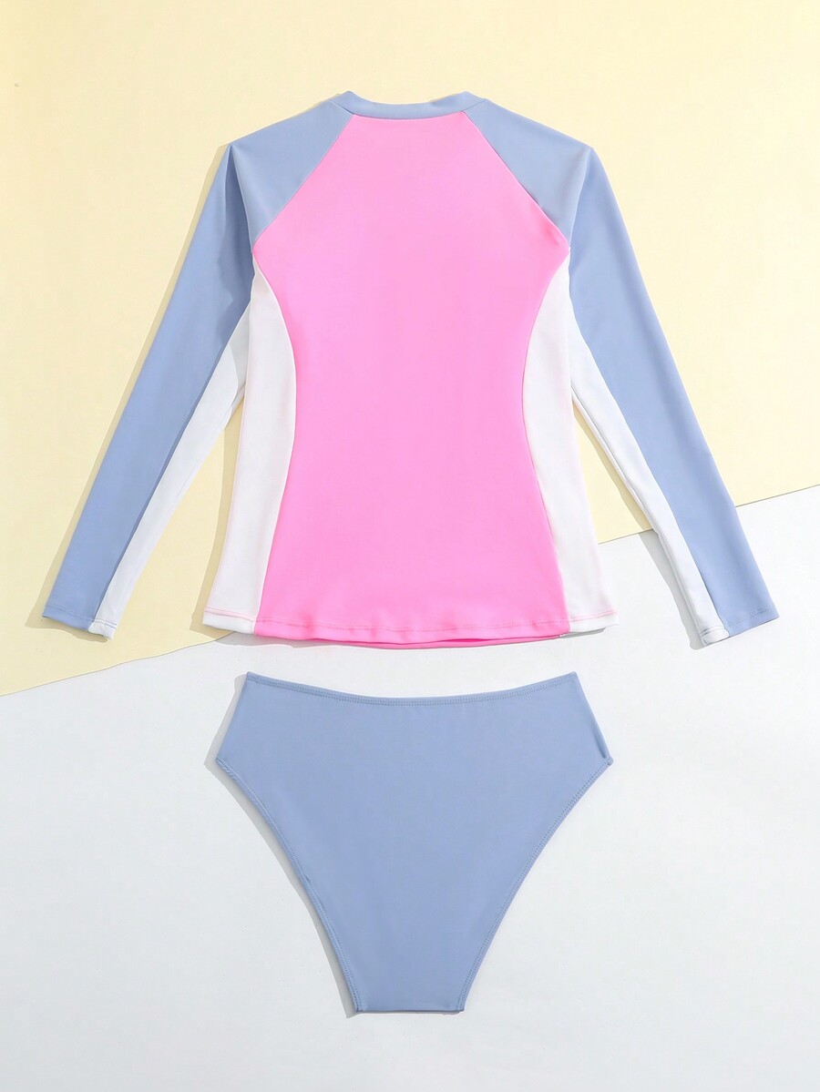 Teenage Girls' Color Block Zipper Front Tankini Set | SHEIN USA