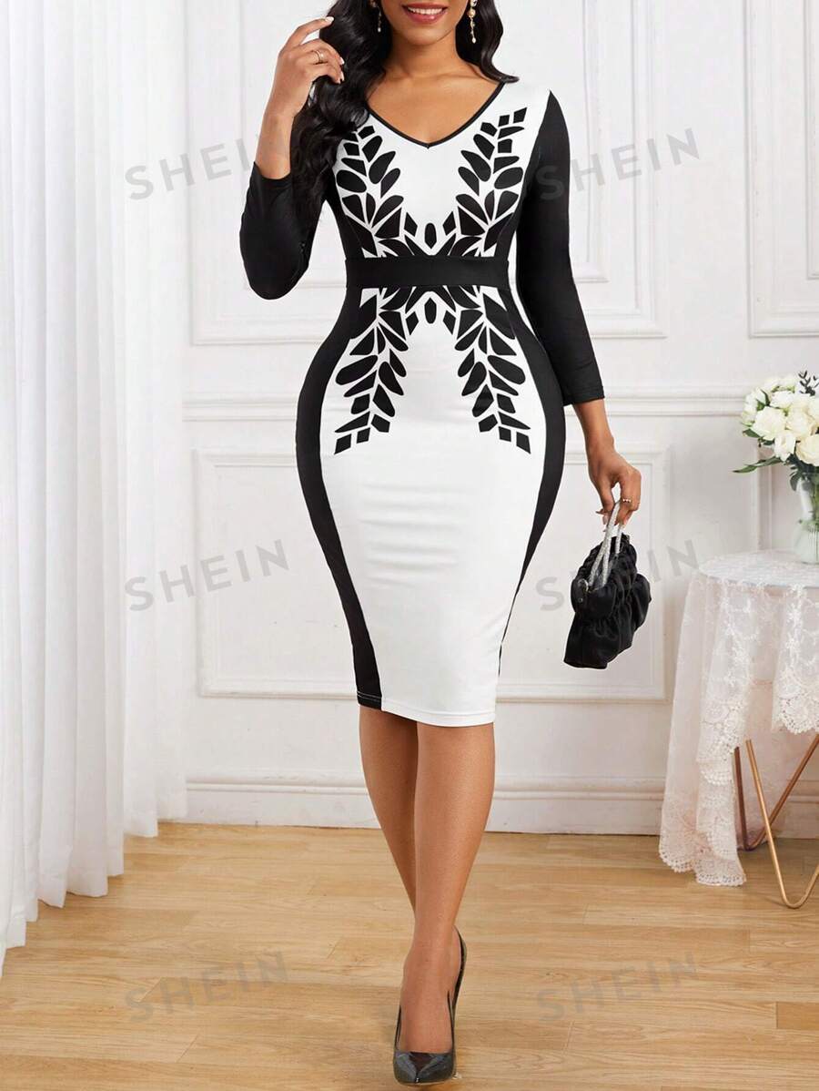 SHEIN Lady Women's Slim Fit Color Block Geometric Printed Dress | SHEIN UK