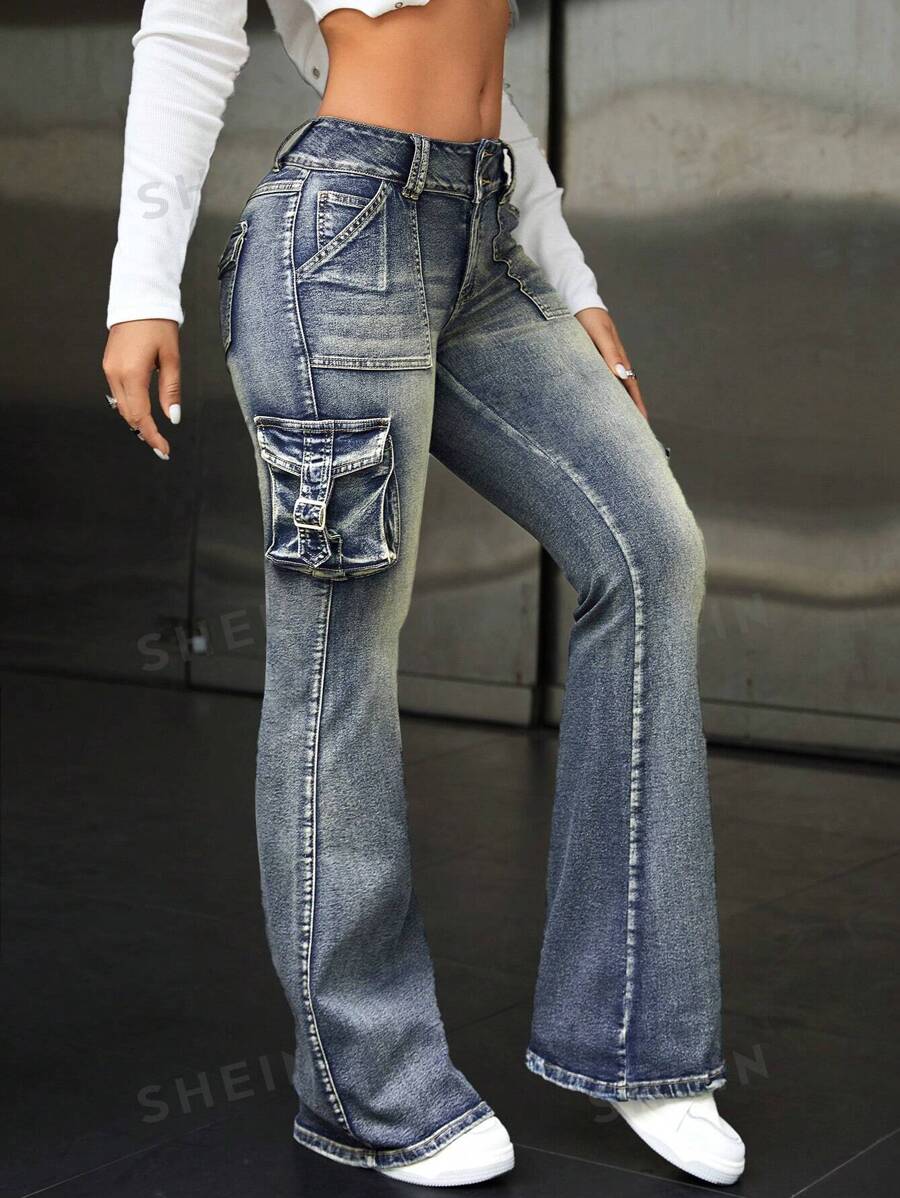 SHEIN ICON Vintage Style Cargo Denim Flared Pants | SHEIN UK