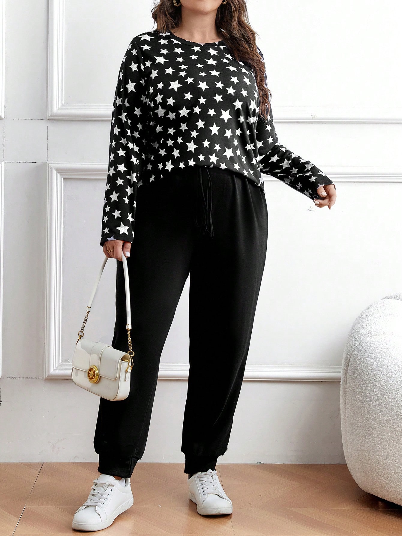 SHEIN LUNE Women's Plus Size Star Printed T-shirt And Tracksuit Set ...