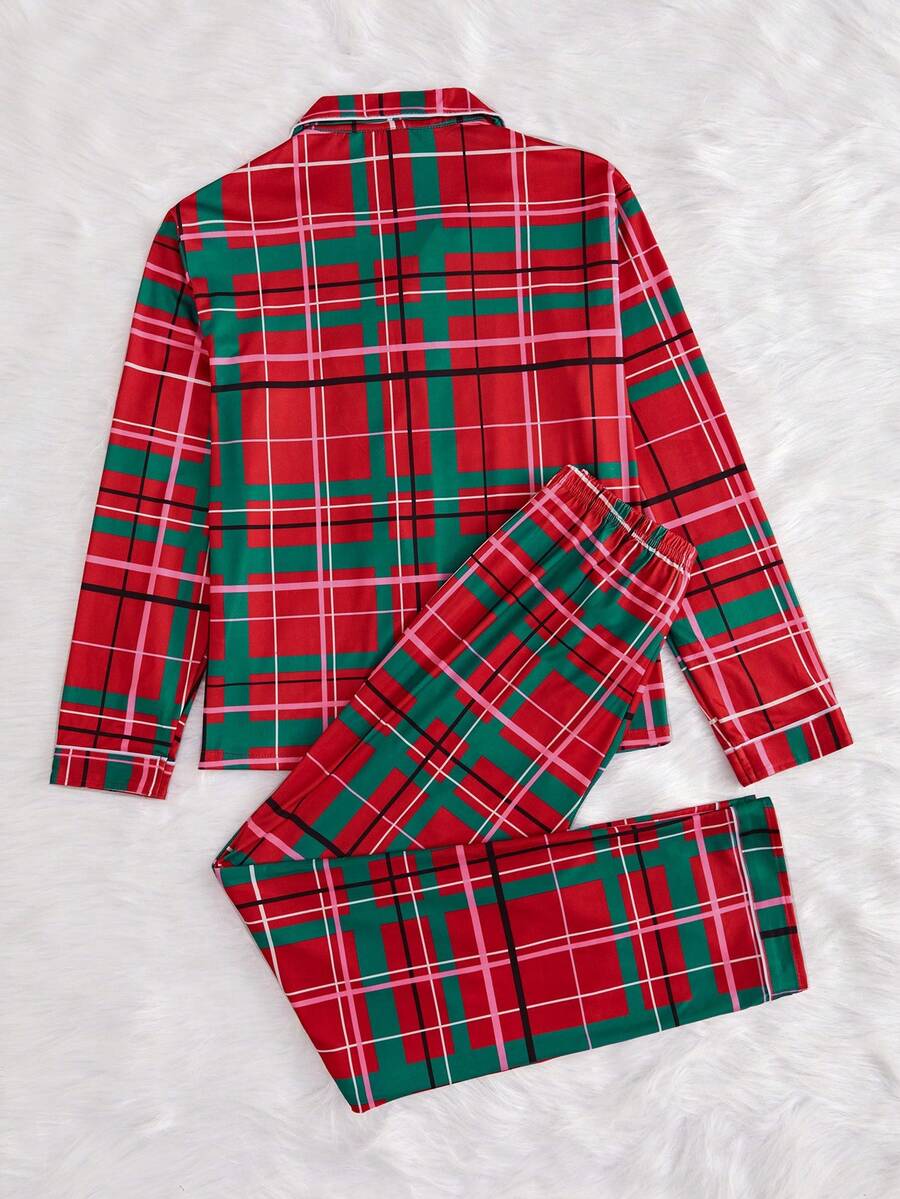 Plaid Print Contrast Piping Blouse And Pants Pj Set Shein Usa