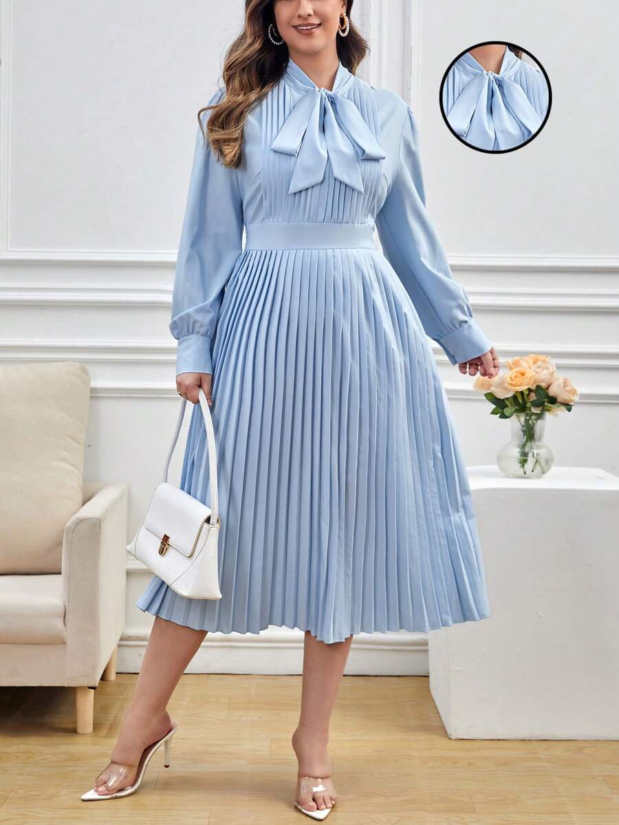 SHEIN Privé Plus Size Elegant Dress With Knotted Collar And Pleated Hem ...