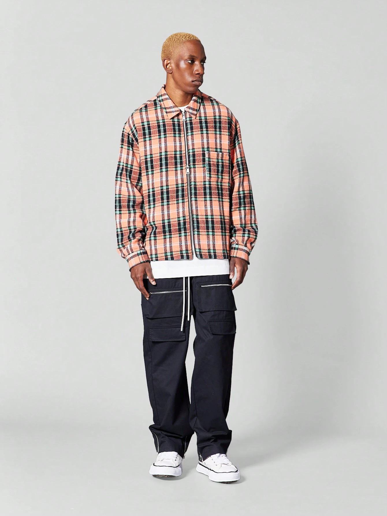 SUMWON Zip Through Checked Long Sleeve Shirt | SHEIN USA