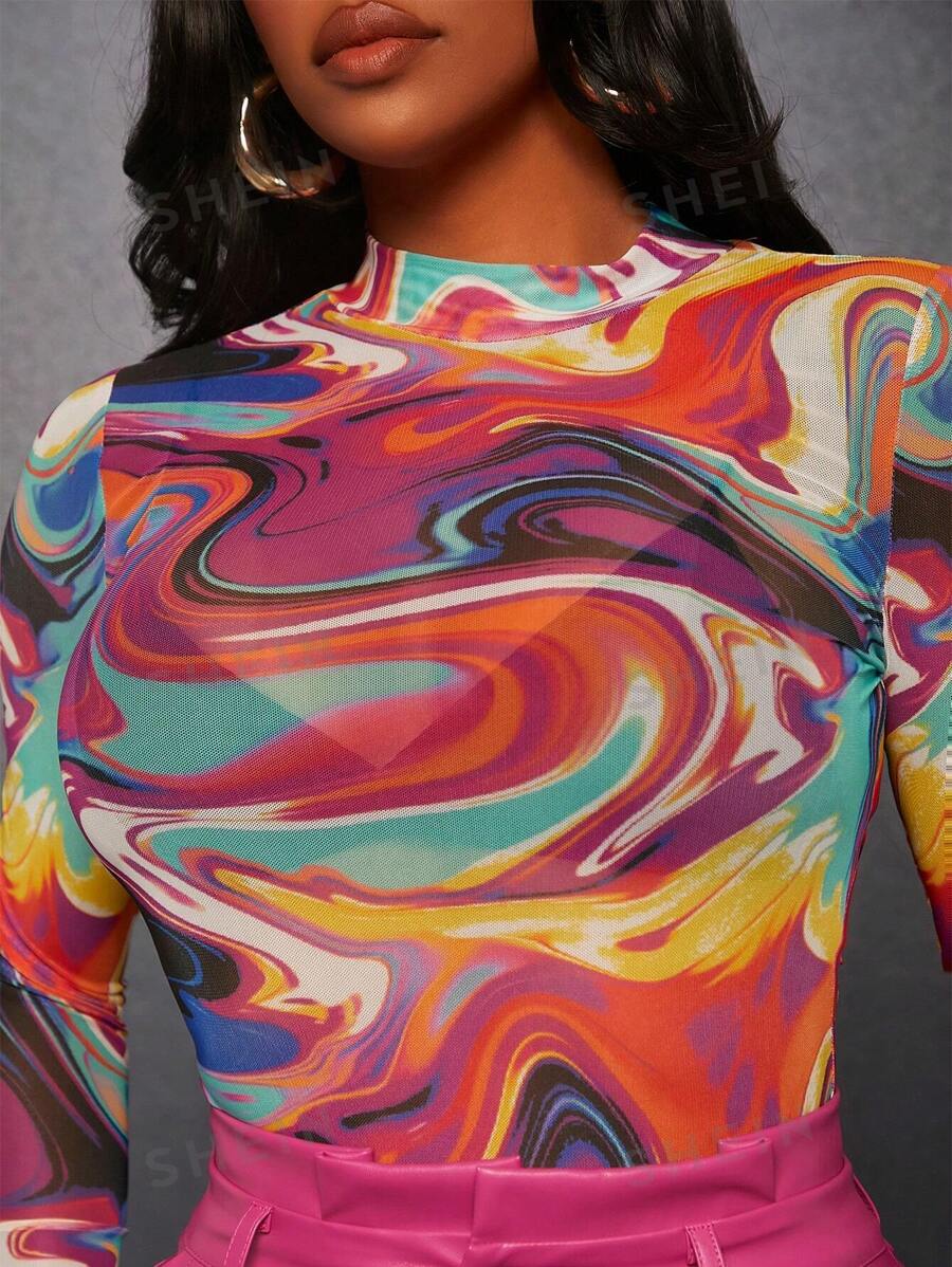 SHEIN Slayr Women's Slim-Fit Abstract Graffiti Pattern Printed Top For ...