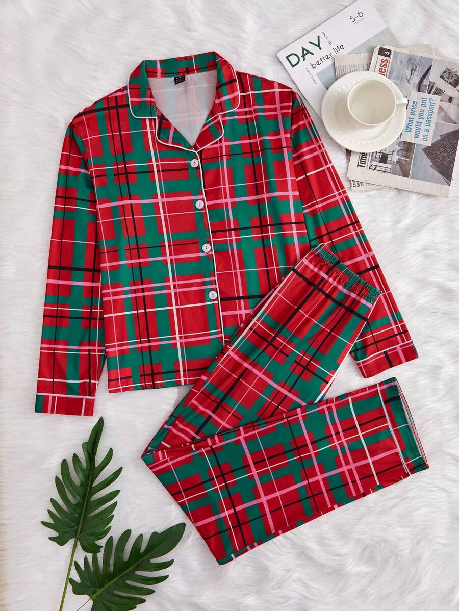 Plaid Print Contrast Piping Blouse And Pants Pj Set Shein Usa
