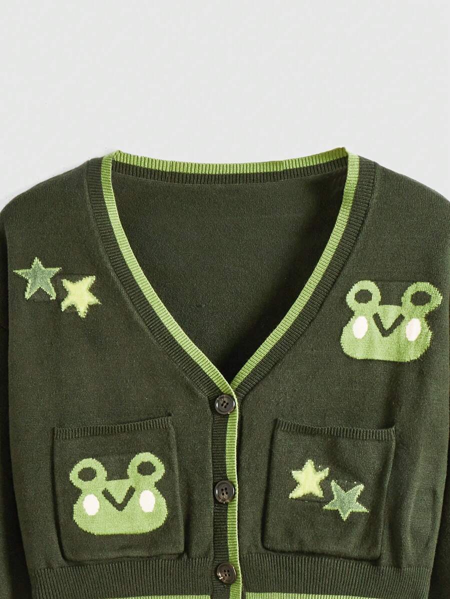 ROMWE Fairycore Cute Frog Star Pastoral Style Contrast Color Cardigan ...