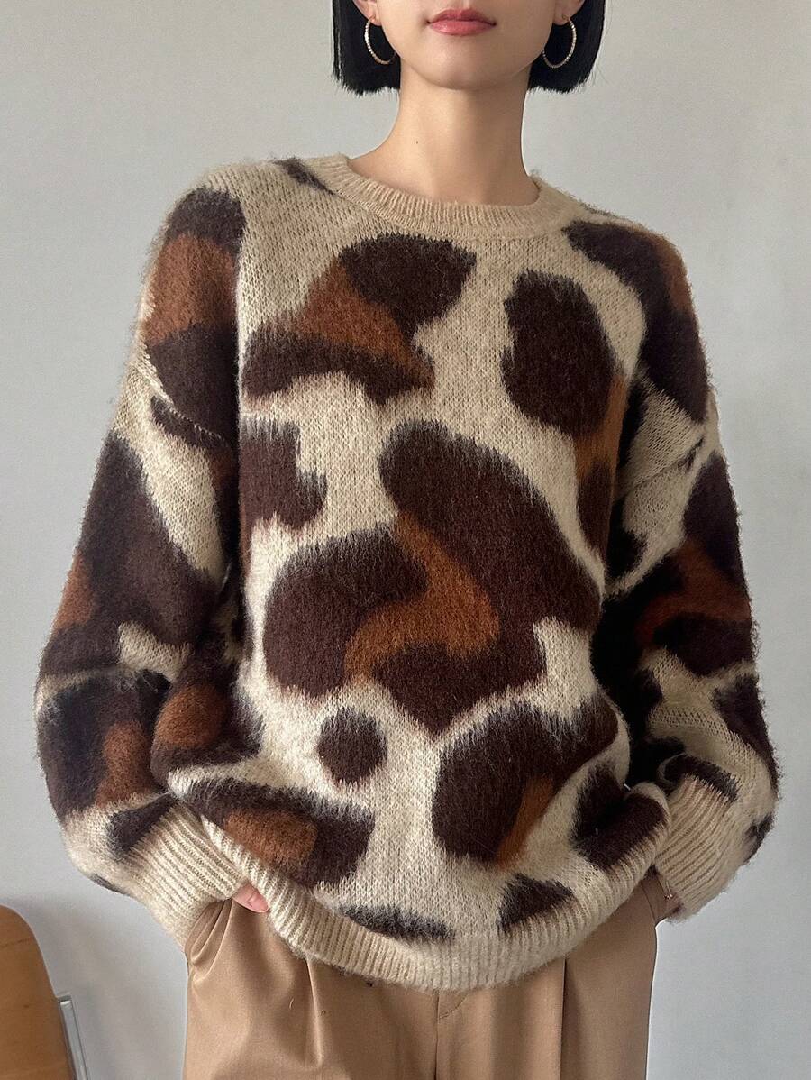 FRIFUL Women's Leopard Print Drop Shoulder Sweater,Ladies Late Fall ...
