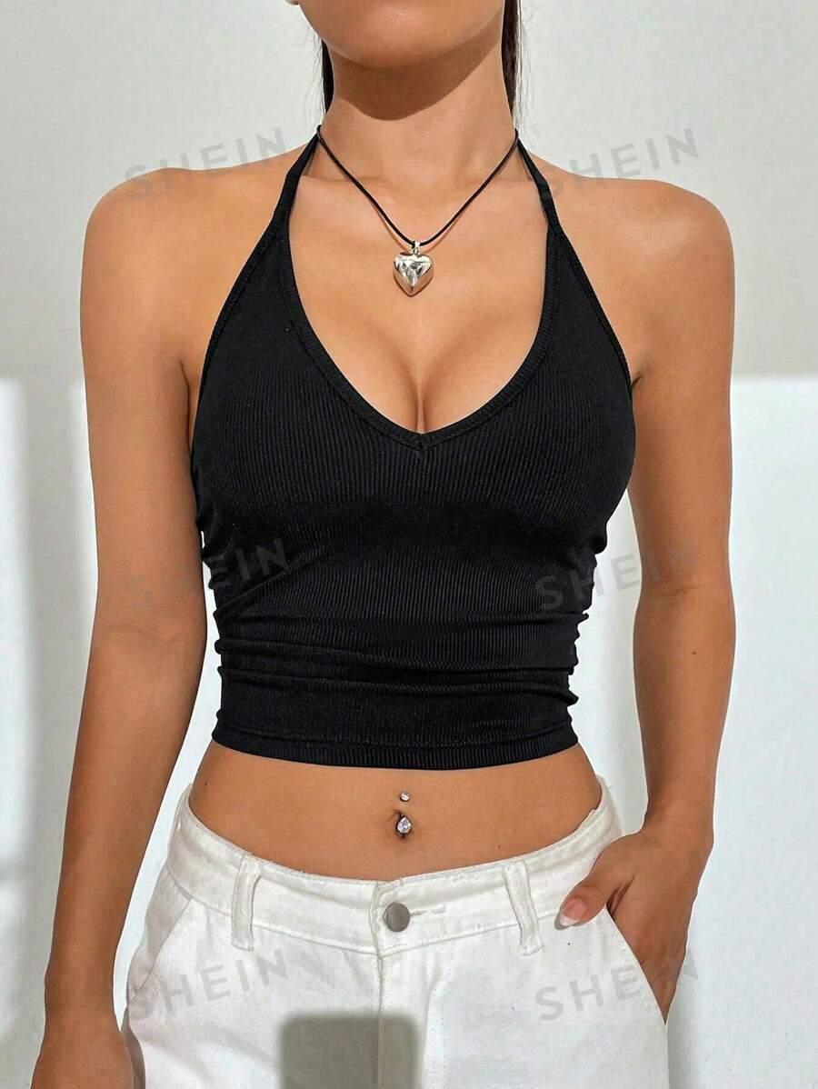 SHEIN EZwear Summer Black Solid Ruched Side Crop Halter Y2k Tops | SHEIN UK