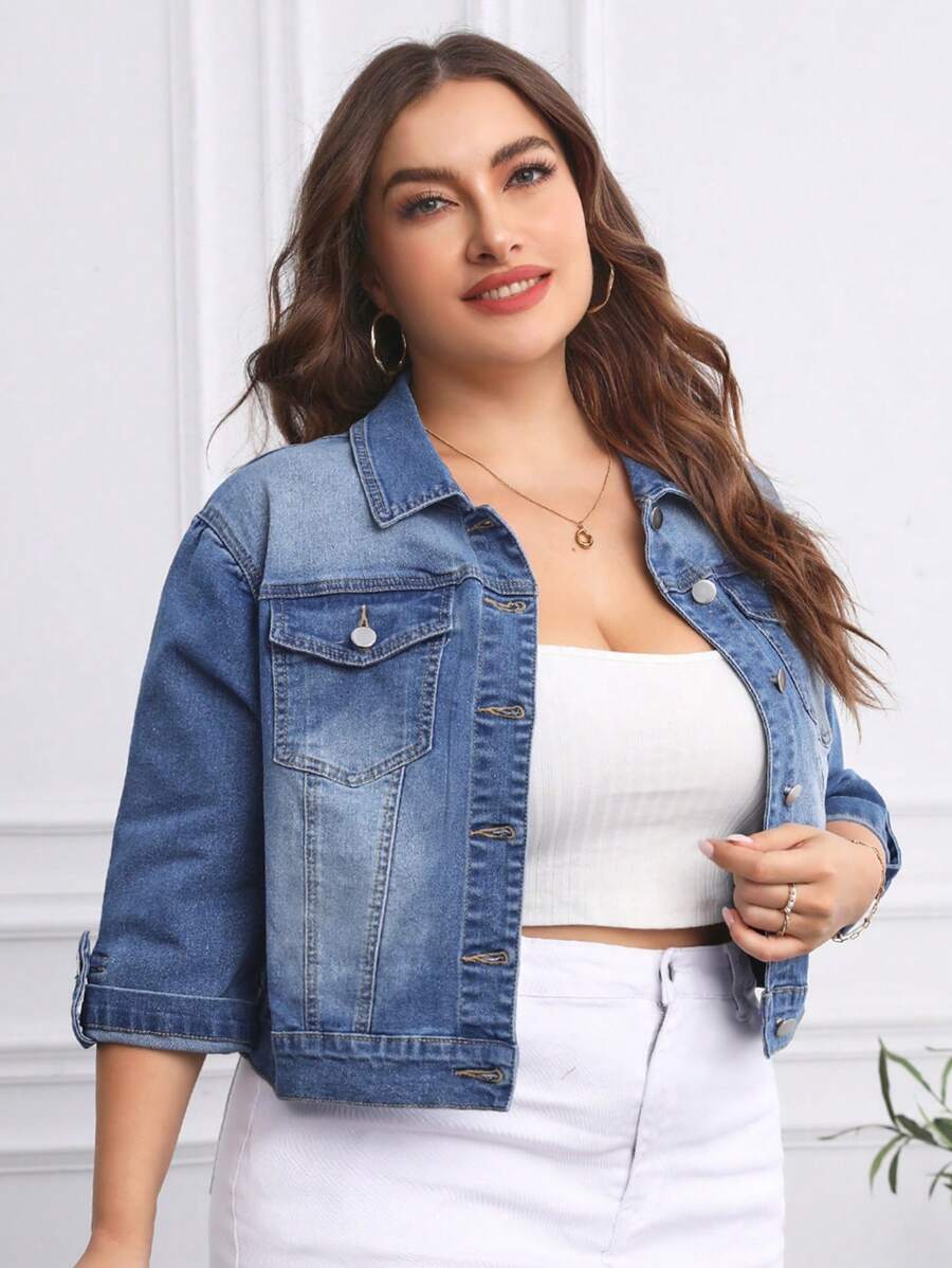 Plus Size Women Denim Jacket With Flap Pockets | SHEIN USA