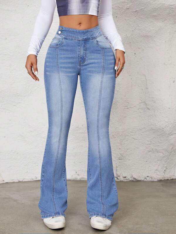 SHEIN ICON Women's Light Blue Slim Fit Washed Denim Jeans | SHEIN USA