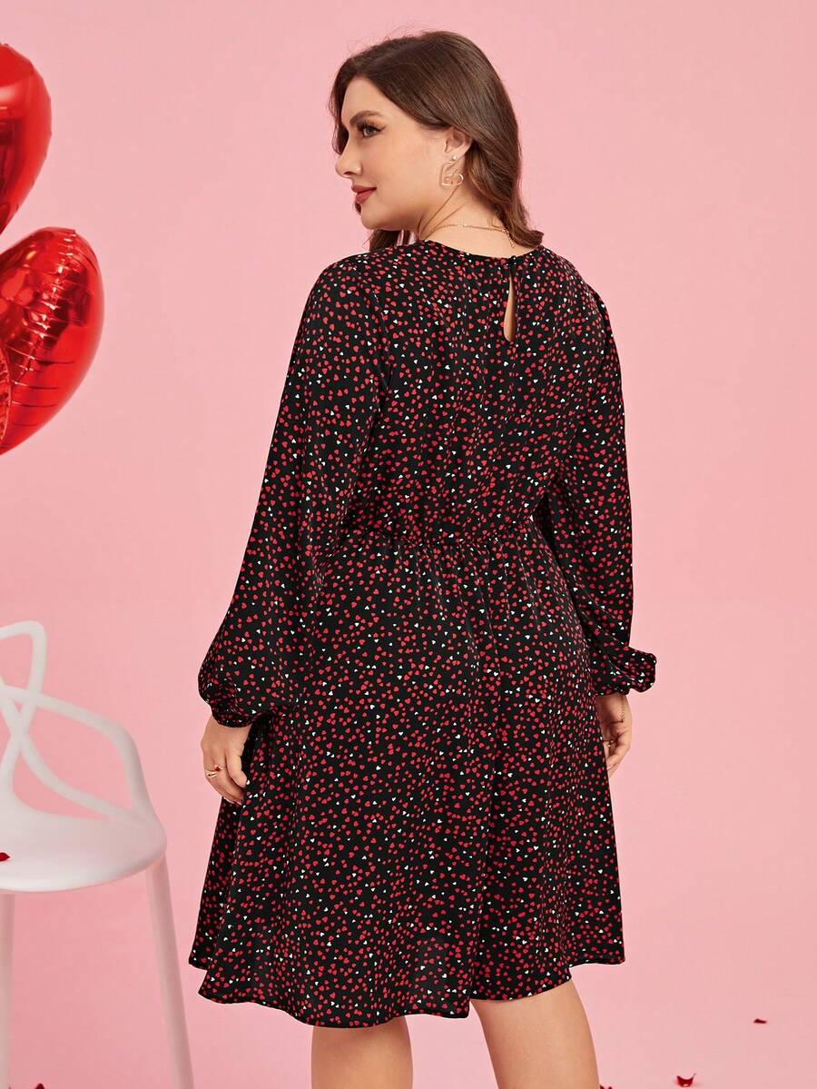 SHEIN Clasi Plus Size Women's Heart Pattern Lantern Sleeve Dress With ...