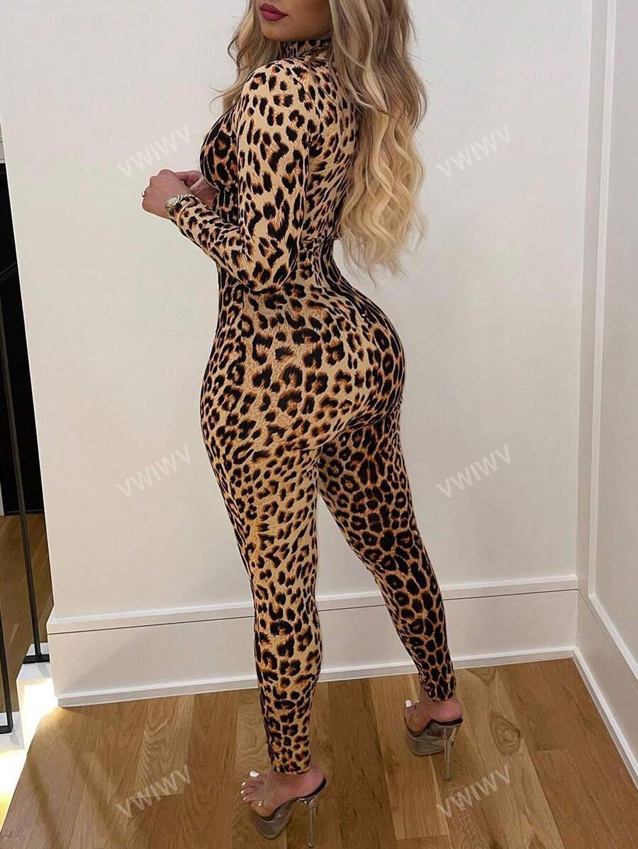 Leopard Printed Mesh Panel Sheer Unitard Jumpsuit | SHEIN USA