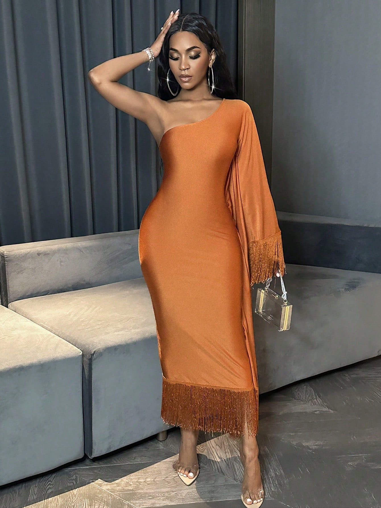 SHEIN Slayr Women's Fringed Asymmetric Collar Bat Sleeve Dress | SHEIN UK