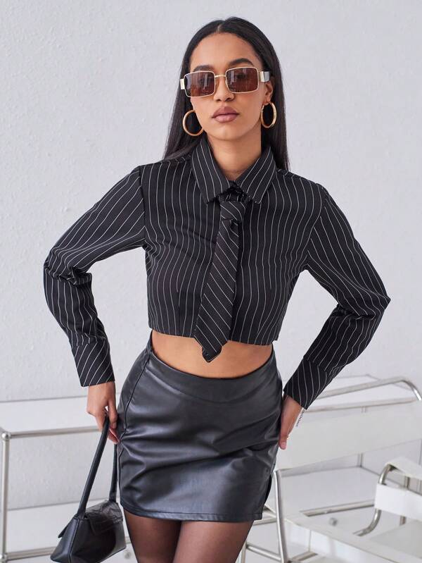SHEIN Essnce Striped Long Sleeve Cropped Shirt | SHEIN USA