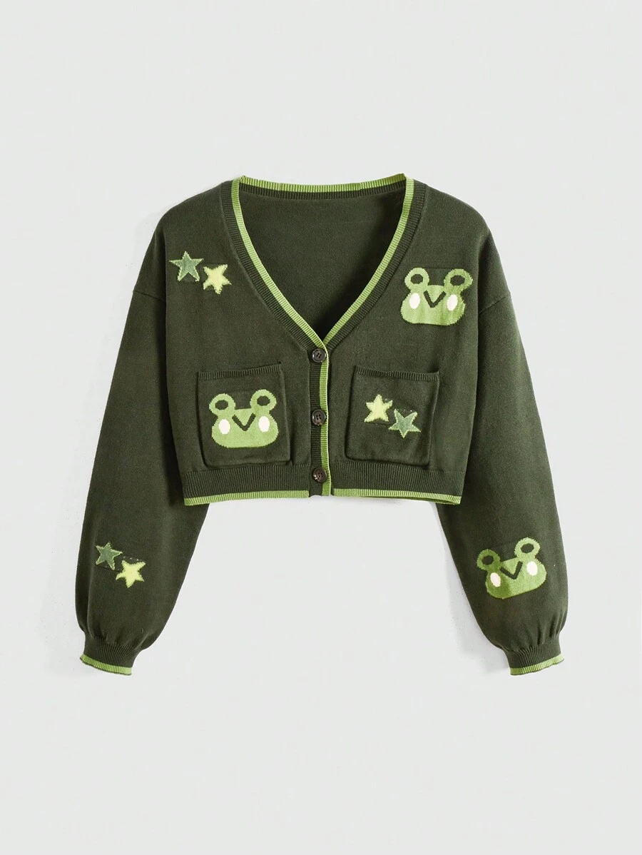 ROMWE Fairycore Cute Frog Star Pastoral Style Contrast Color Cardigan ...