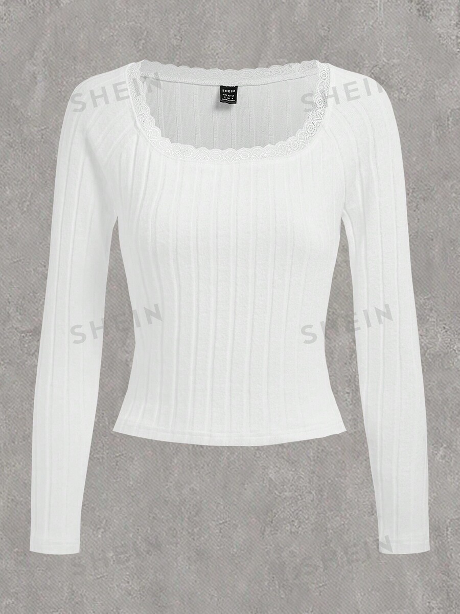 SHEIN EZwear Autumn And Winter White Lace Trim Scoop Neck Wide Pit ...