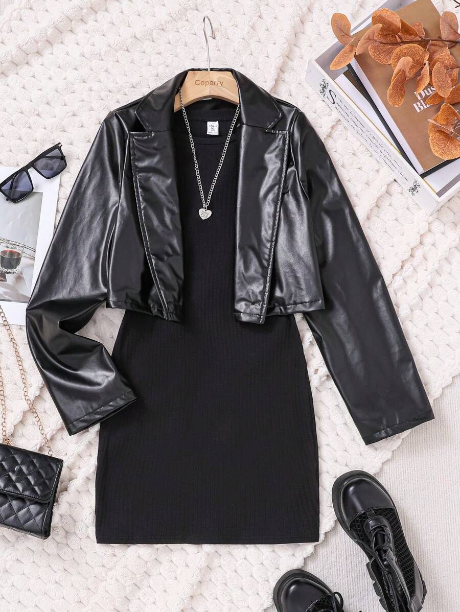 SHEIN Teen Girl Solid Long Sleeve Dress & Open Front PU Leather Jacket ...