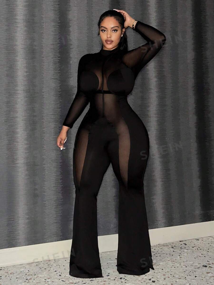 SHEIN Slayr Sexy Basic Stretch Knit Jumpsuit With Mesh Splicing Design & Stand Collar For Plus ...