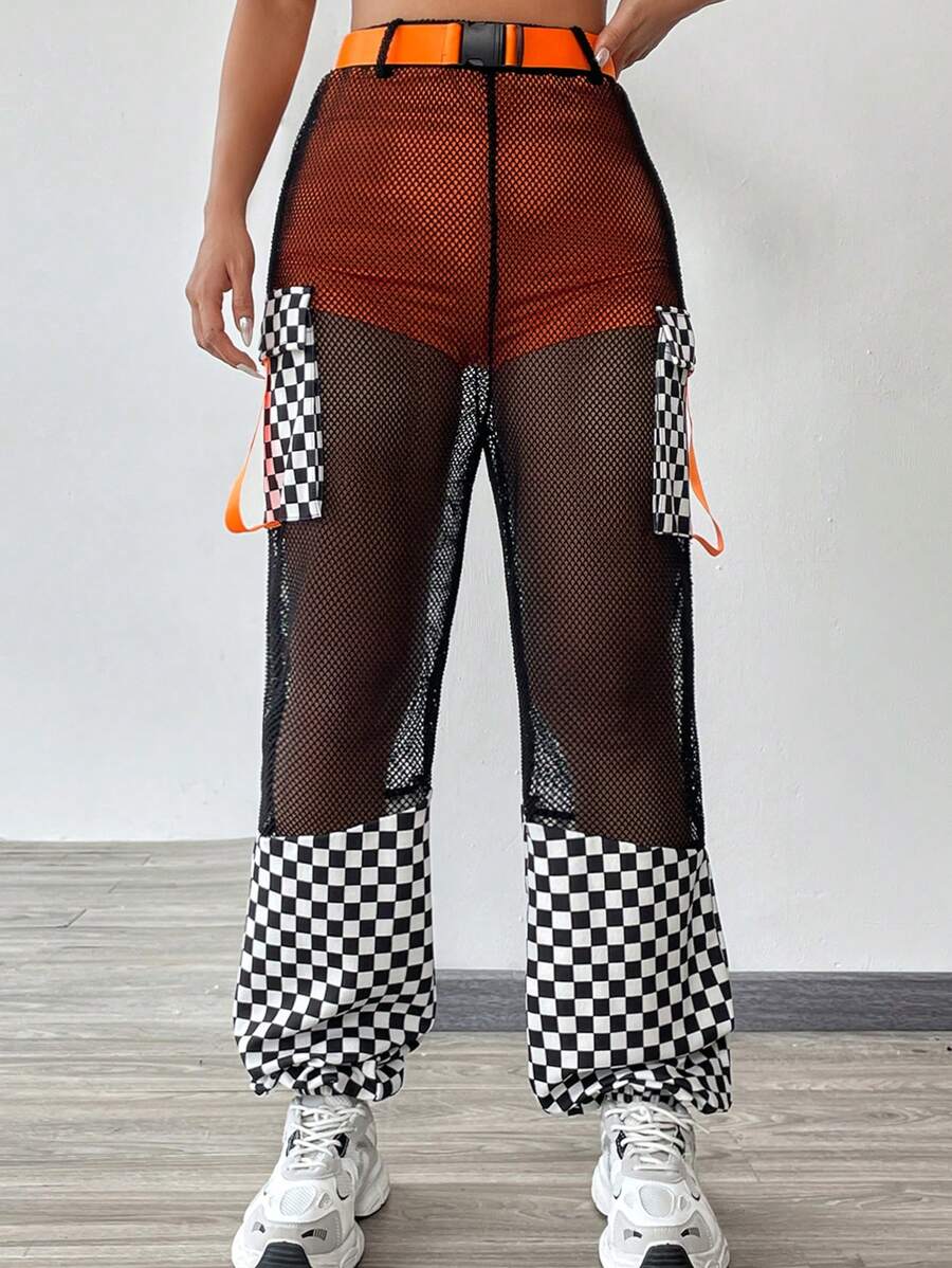 SHEIN Coolane Checker Pattern Flap Pocket Side Fishnet Mesh Overlay ...