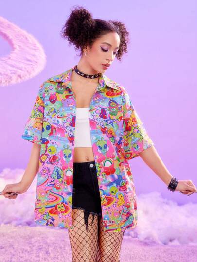 ROMWE X Care Bears Loose Fit Colorful Alien Printed Trendy Shirt ...