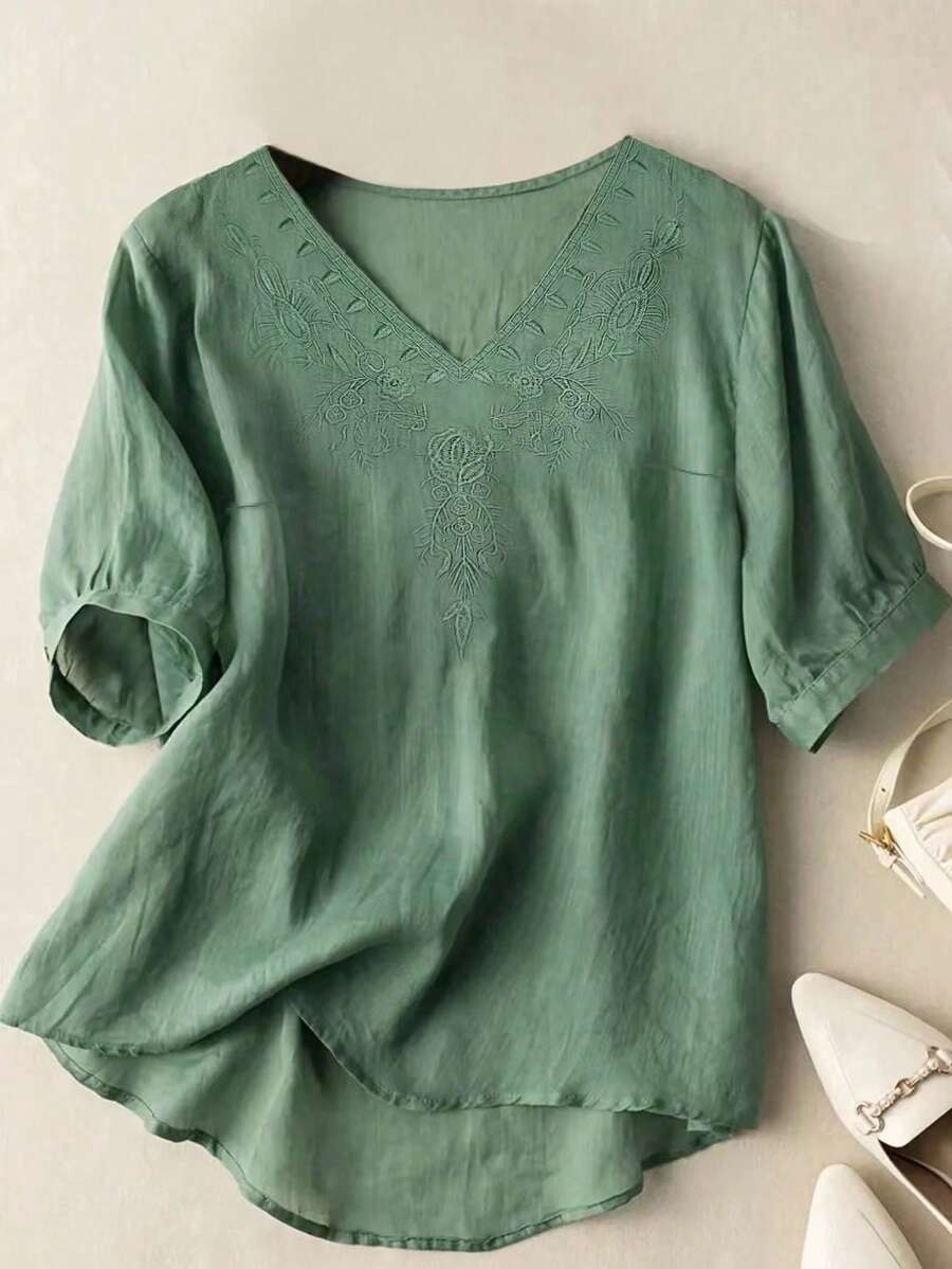 Floral Embroidery High Low Hem Blouse | SHEIN USA