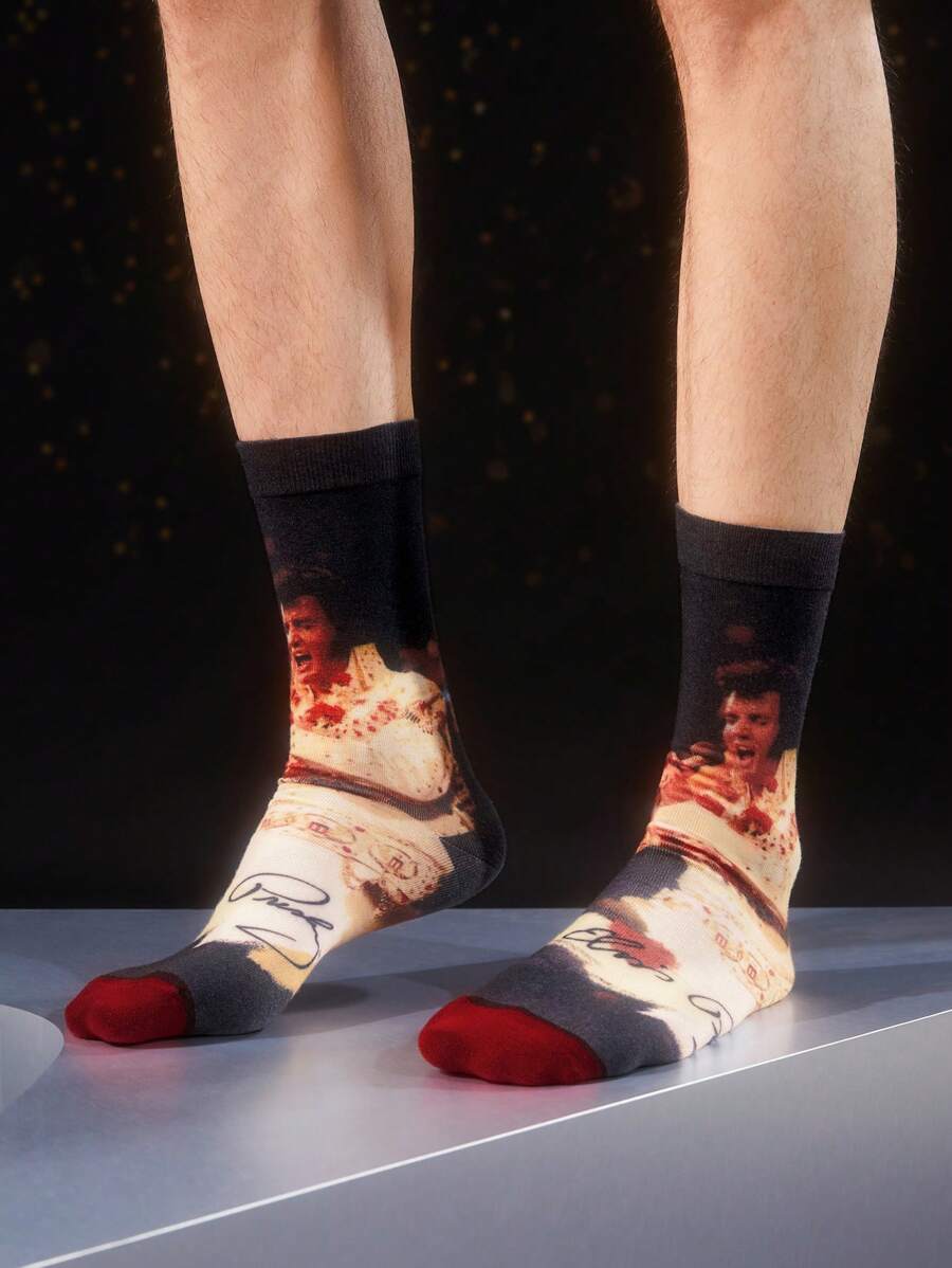 Elvis Presley X SHEIN Black Printed Mid-calf Socks | SHEIN USA