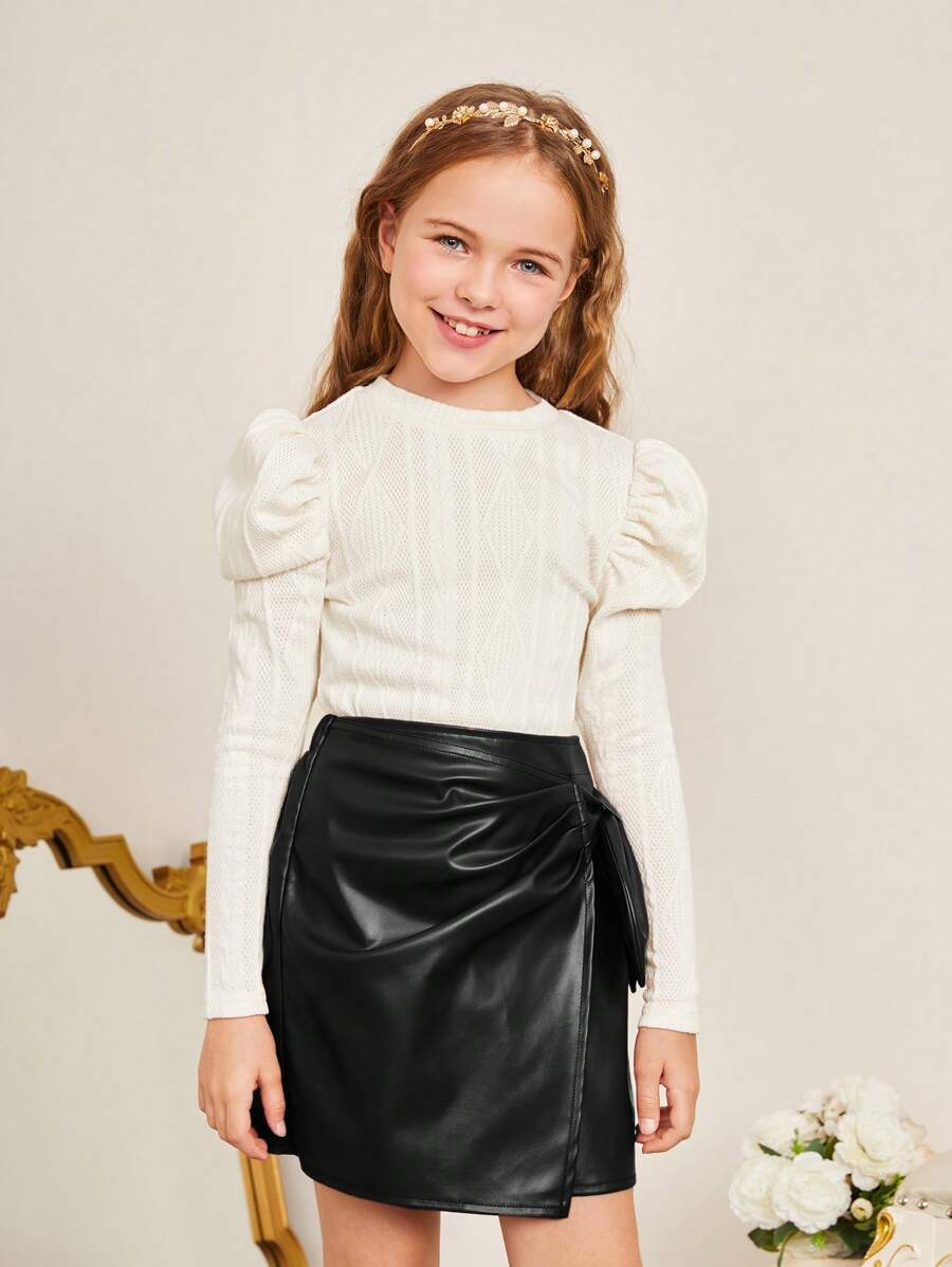 SHEIN Tween Girls Fashionable Urban Knitted Solid Color Bubble Long Sleeve Top Matched With Pu ...