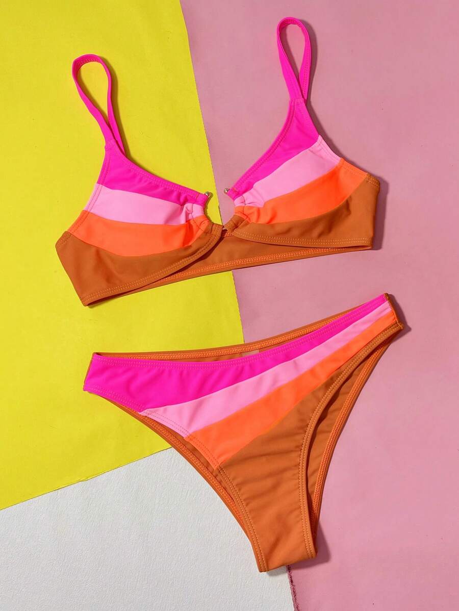 Shein Slayr Colorblocked Round Neck Cami Separated Bikini Set For Sale