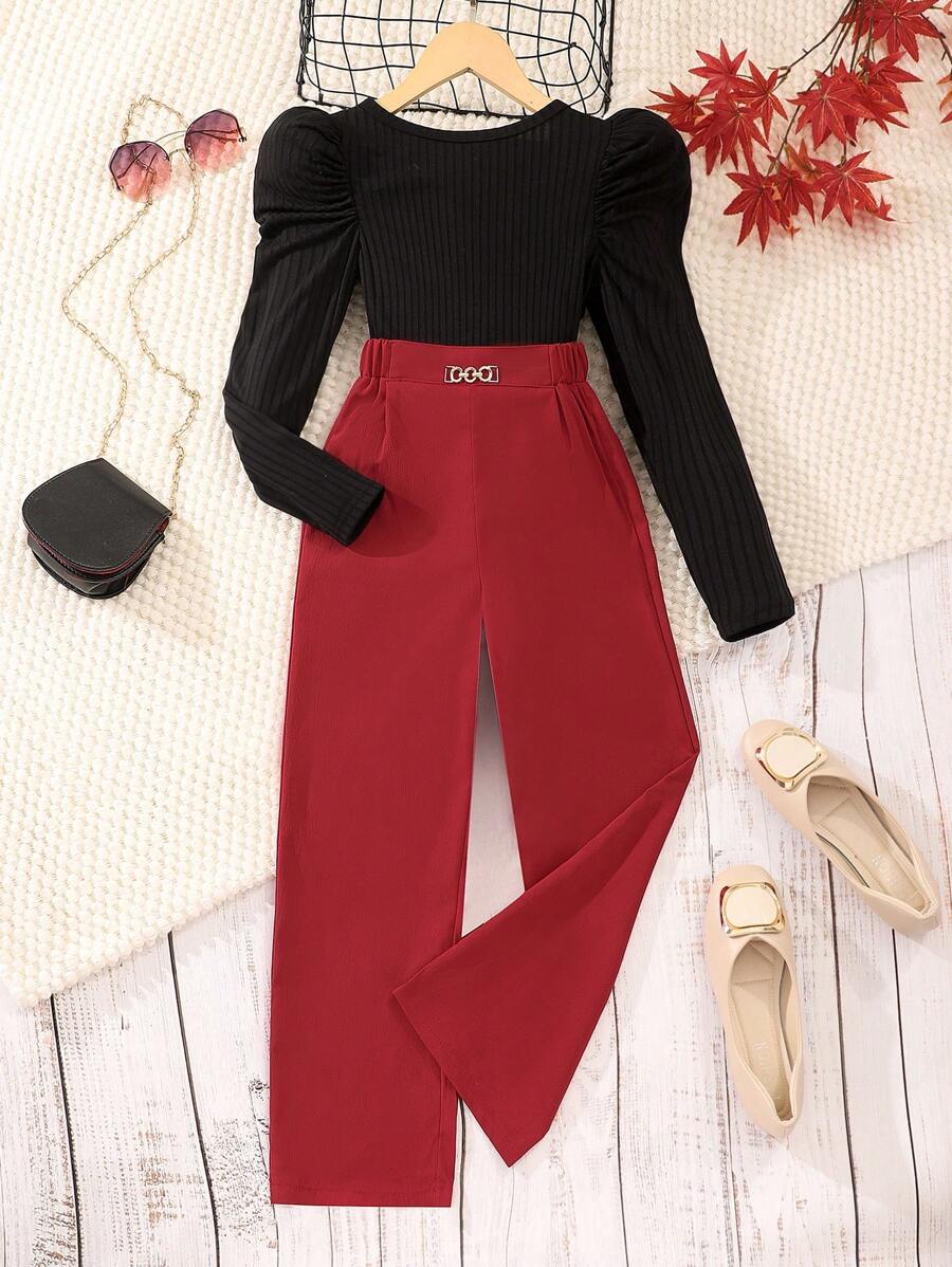 SHEIN Tween Girls' Short Sleeve T-shirt And Pants Set With Stripe Print ...