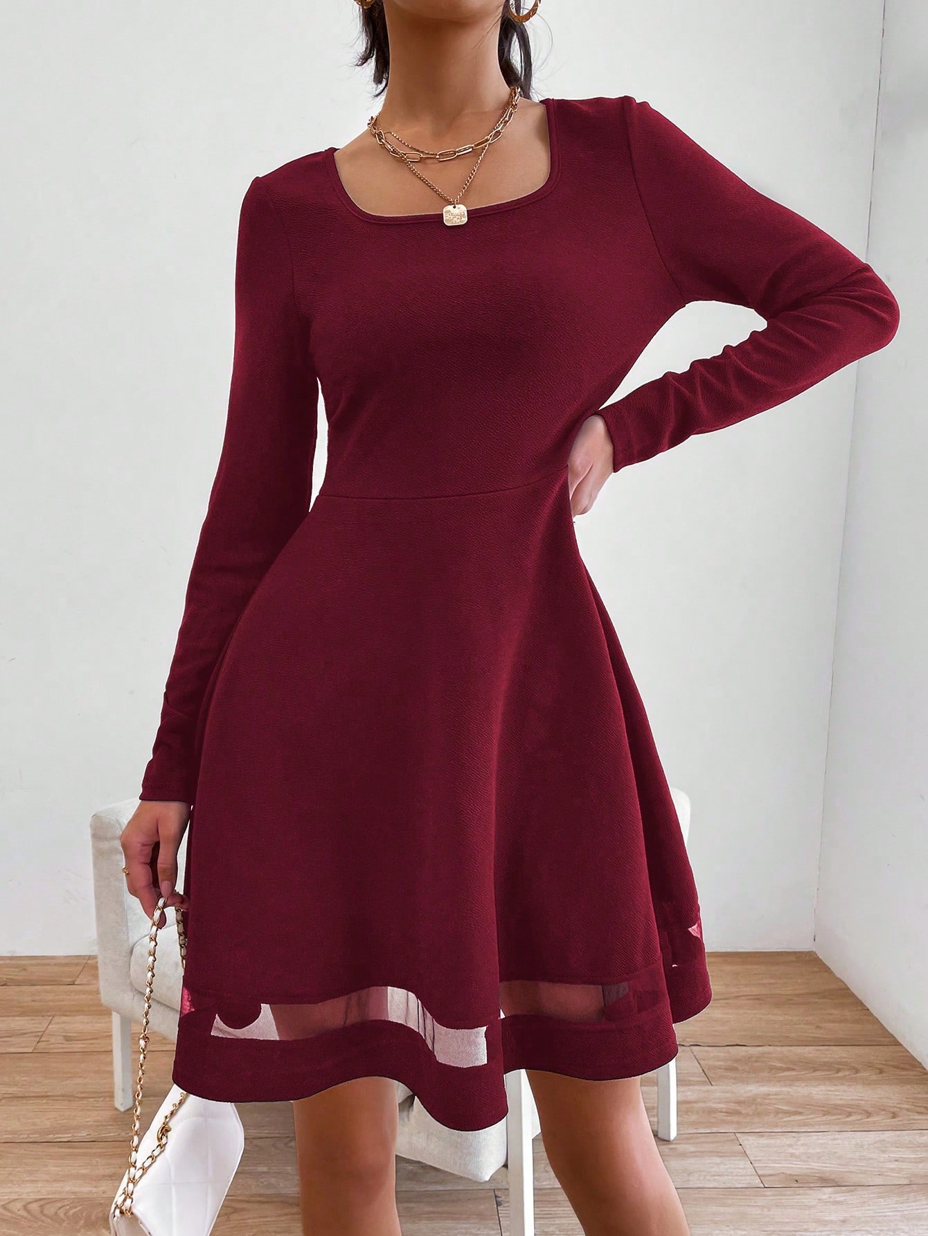 SHEIN Frenchy Solid Contrast Mesh Square Neck A-Line Dress | SHEIN USA