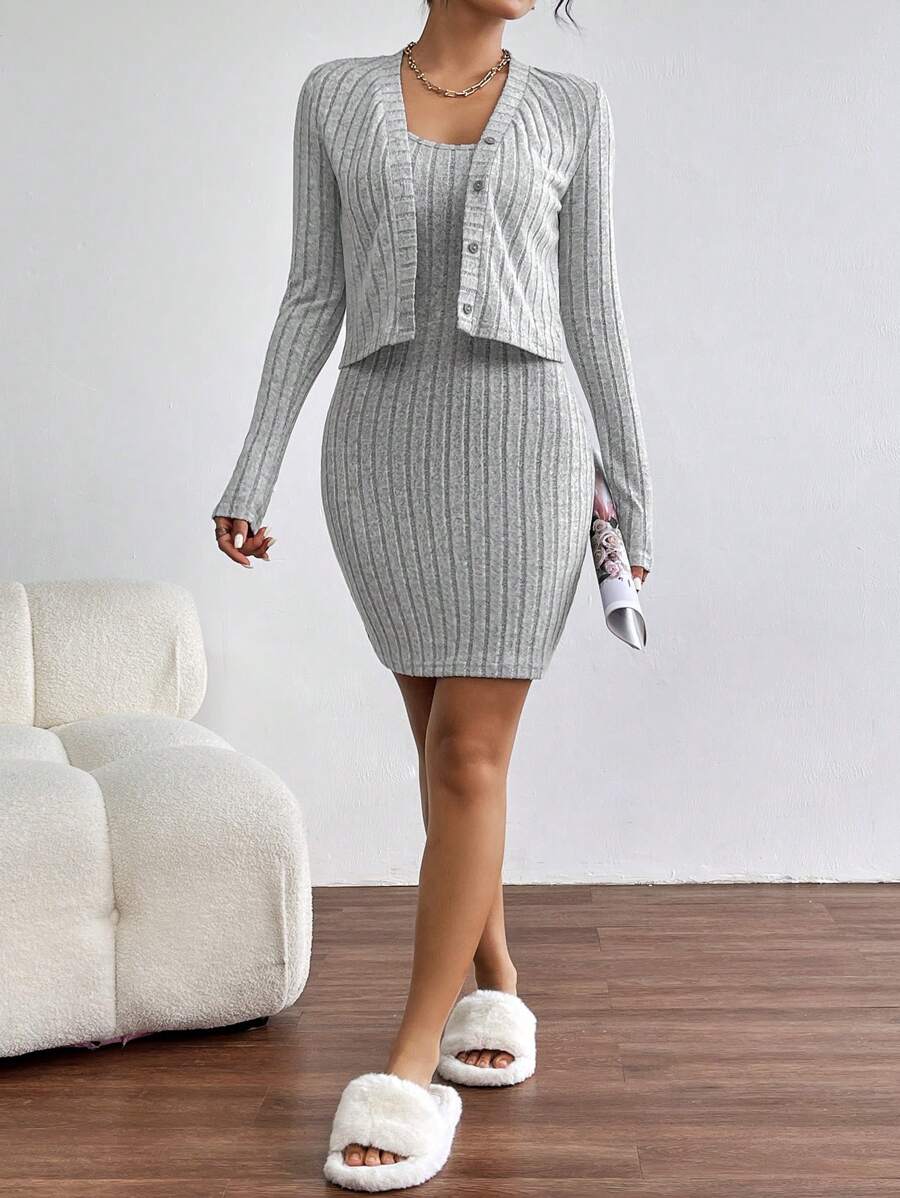 SHEIN Essnce Women's Thermal Knit Ribbed Two-piece Set | SHEIN UK