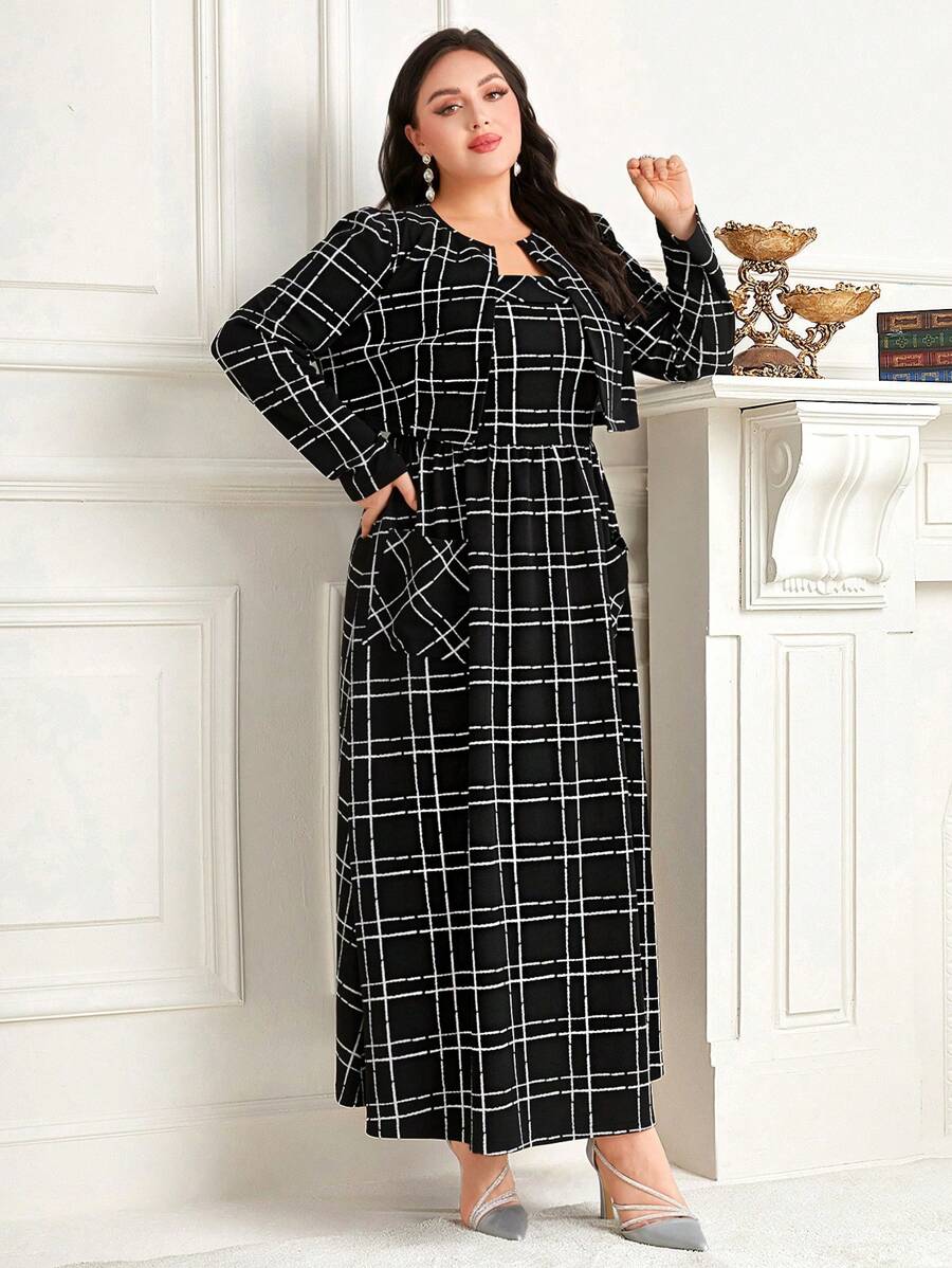 SHEIN Modely Grote maten Geruite Dubbele zak Cami-jurk Met Jassen , 2 st./set | SHEIN Nederland