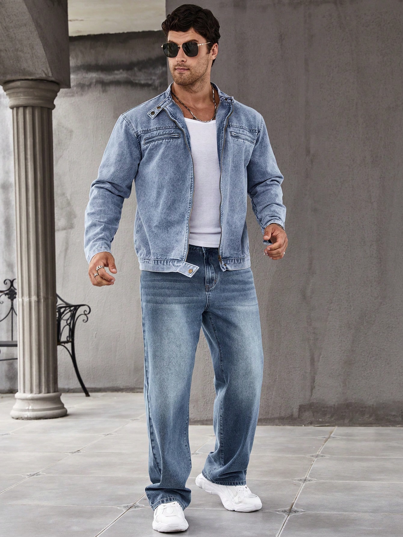 SHEIN Manfinity Homme Men's Zipper Fly Stand Collar Denim Jacket ...