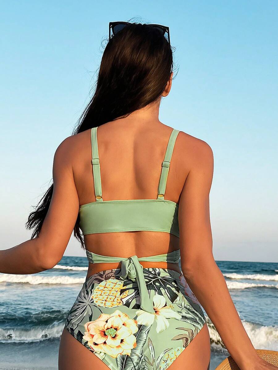 Womens Tropical Pineapple Print Criss Cross Design Two Piece Swimsuit