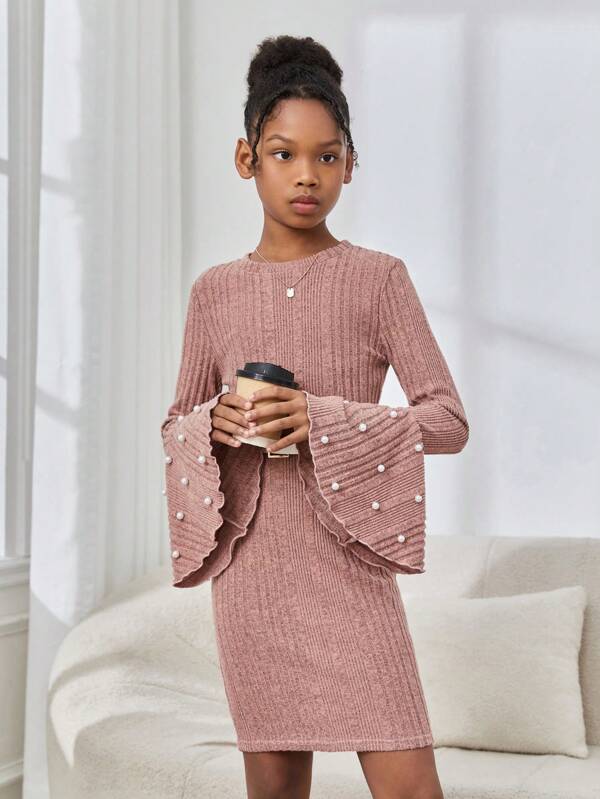 SHEIN Kids Cooltwn Adolescent Fille Robe Trapèze Tricoté Avec Perlage ...