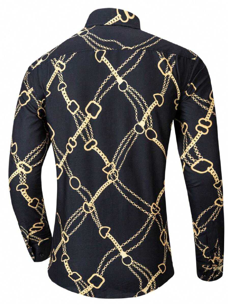 Men's Chain Print Shirt , Baggy Long Sleeve Button Up Graphic Colorful ...