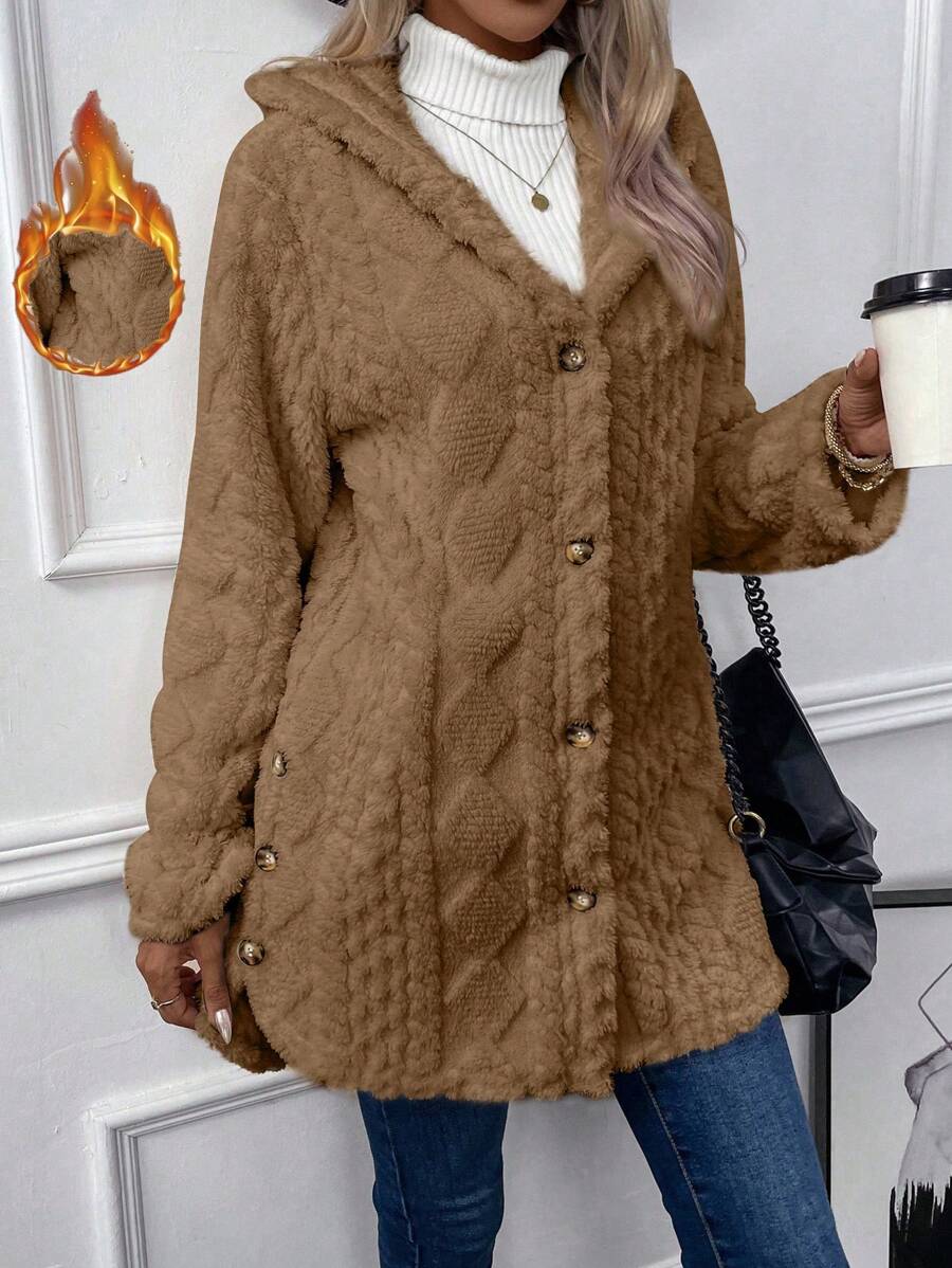 SHEIN LUNE Solid Button Front Hooded Teddy Coat | SHEIN USA