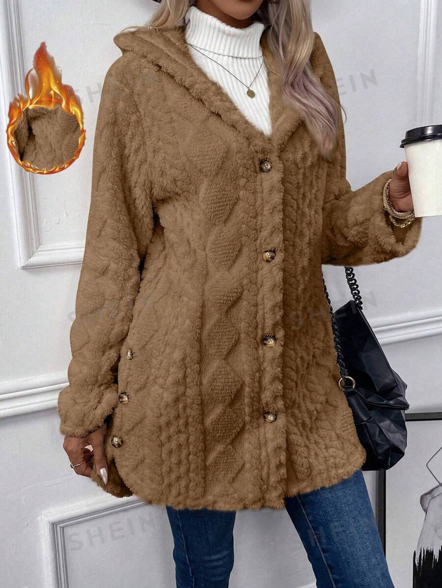 SHEIN LUNE Solid Button Front Hooded Teddy Coat | SHEIN USA