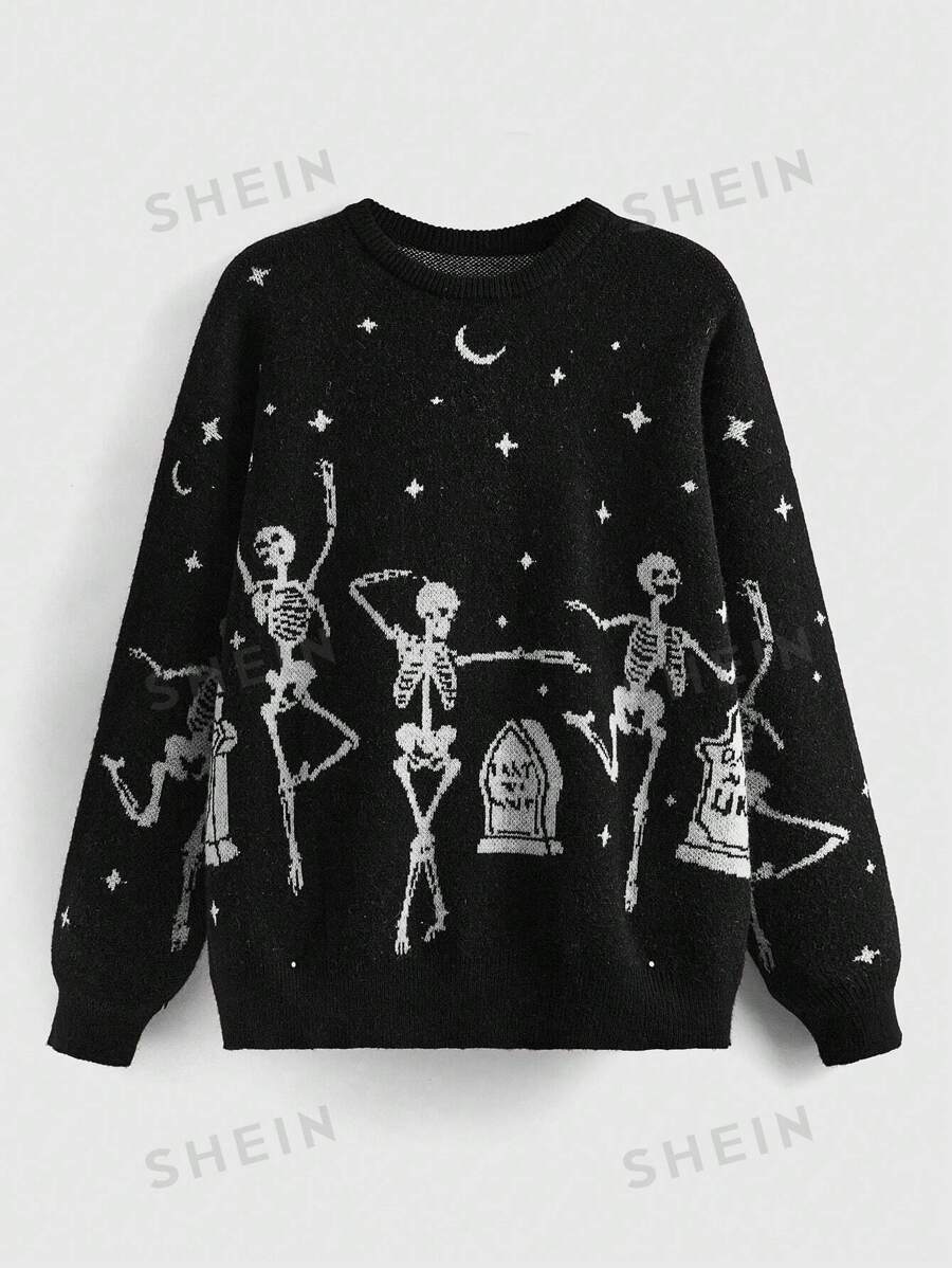 ROMWE Goth Skull Pattern Round Neck Sweater | SHEIN UK