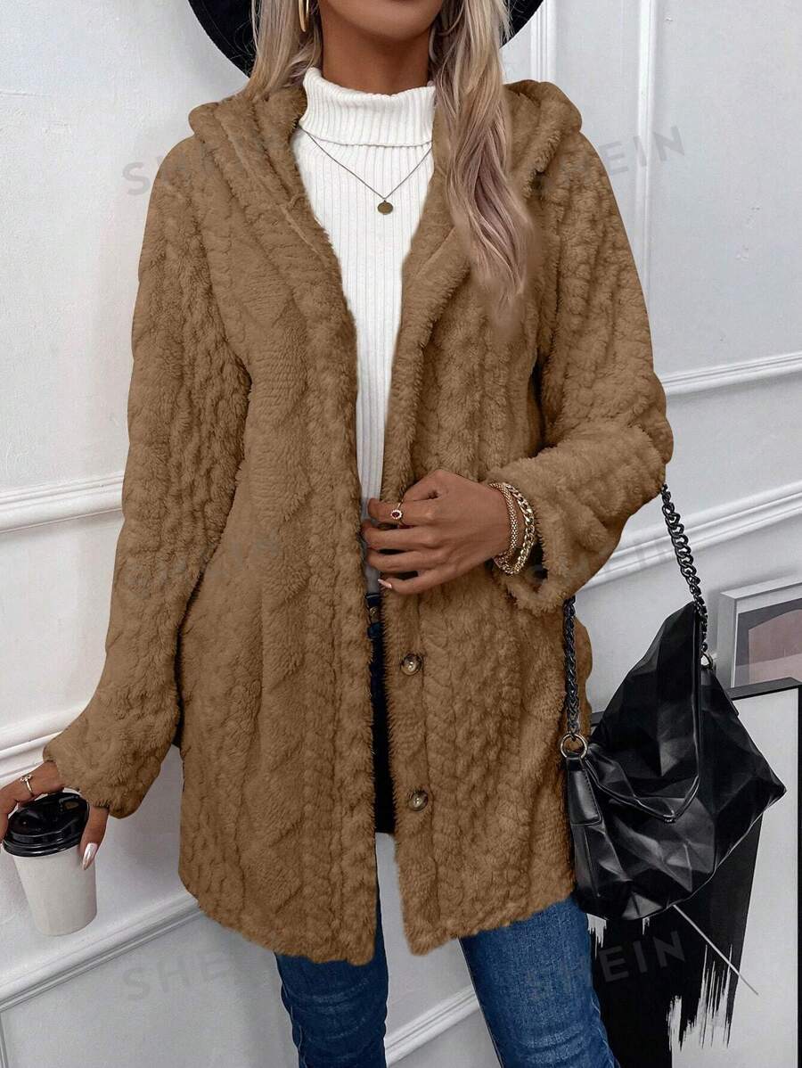 SHEIN LUNE Solid Button Front Hooded Teddy Coat | SHEIN USA