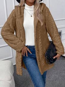 SHEIN LUNE Solid Button Front Hooded Teddy Coat | SHEIN USA