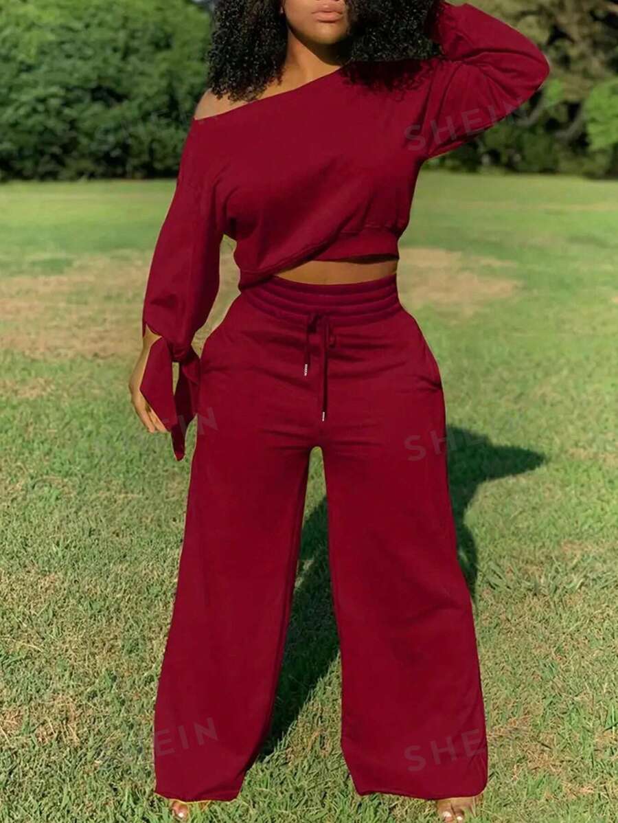 SHEIN Slayr Women's Two-Piece Set Of Oblique Shoulder Sweatshirt And ...