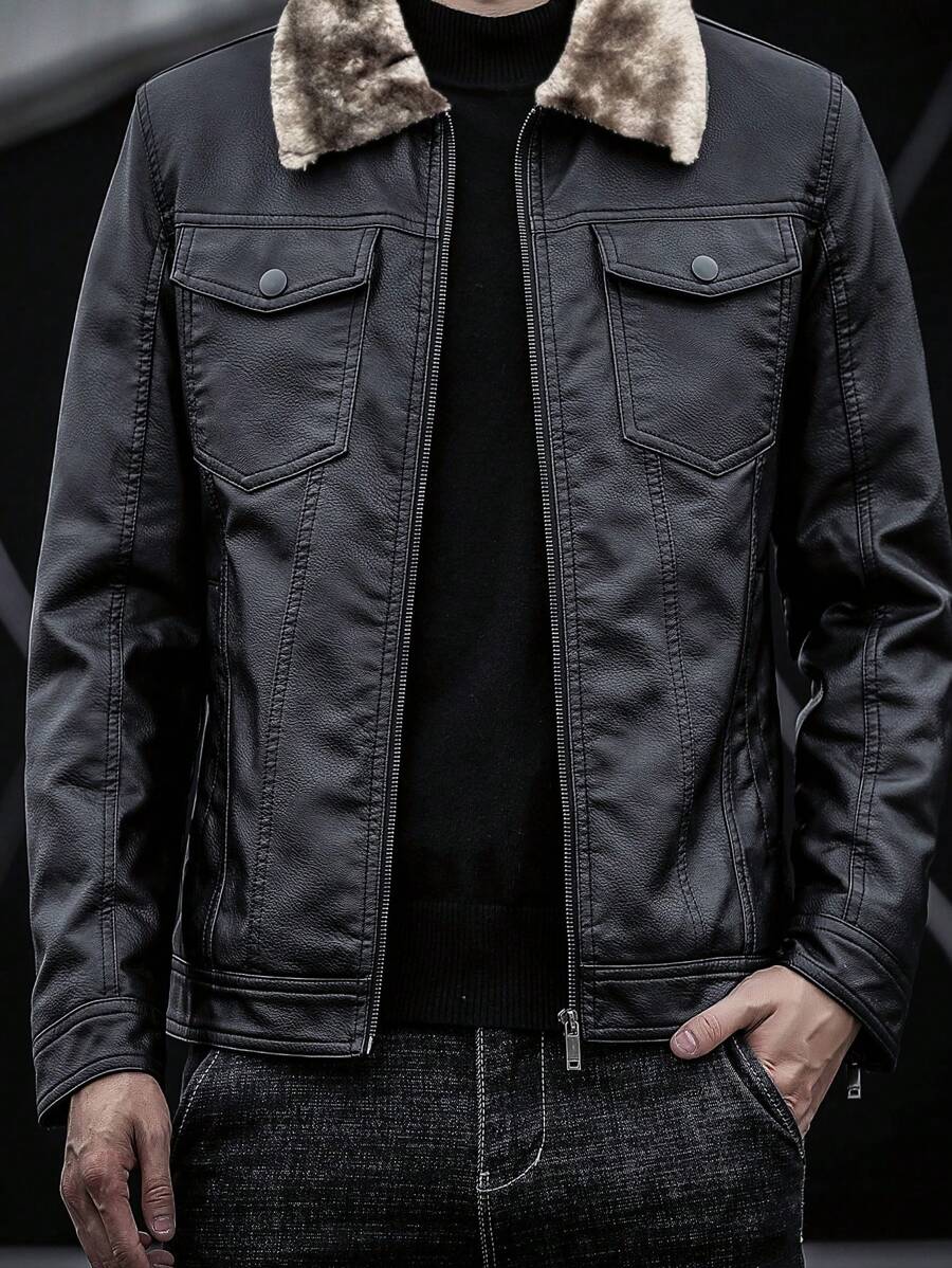 Men Borg Collar Flap Pocket PU Leather Jacket | SHEIN USA
