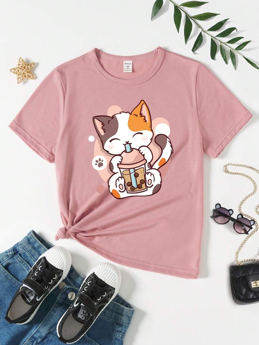 SHEIN Tween Girl Funny Boba Milk Tea & Cat Pattern Round Neck Short ...