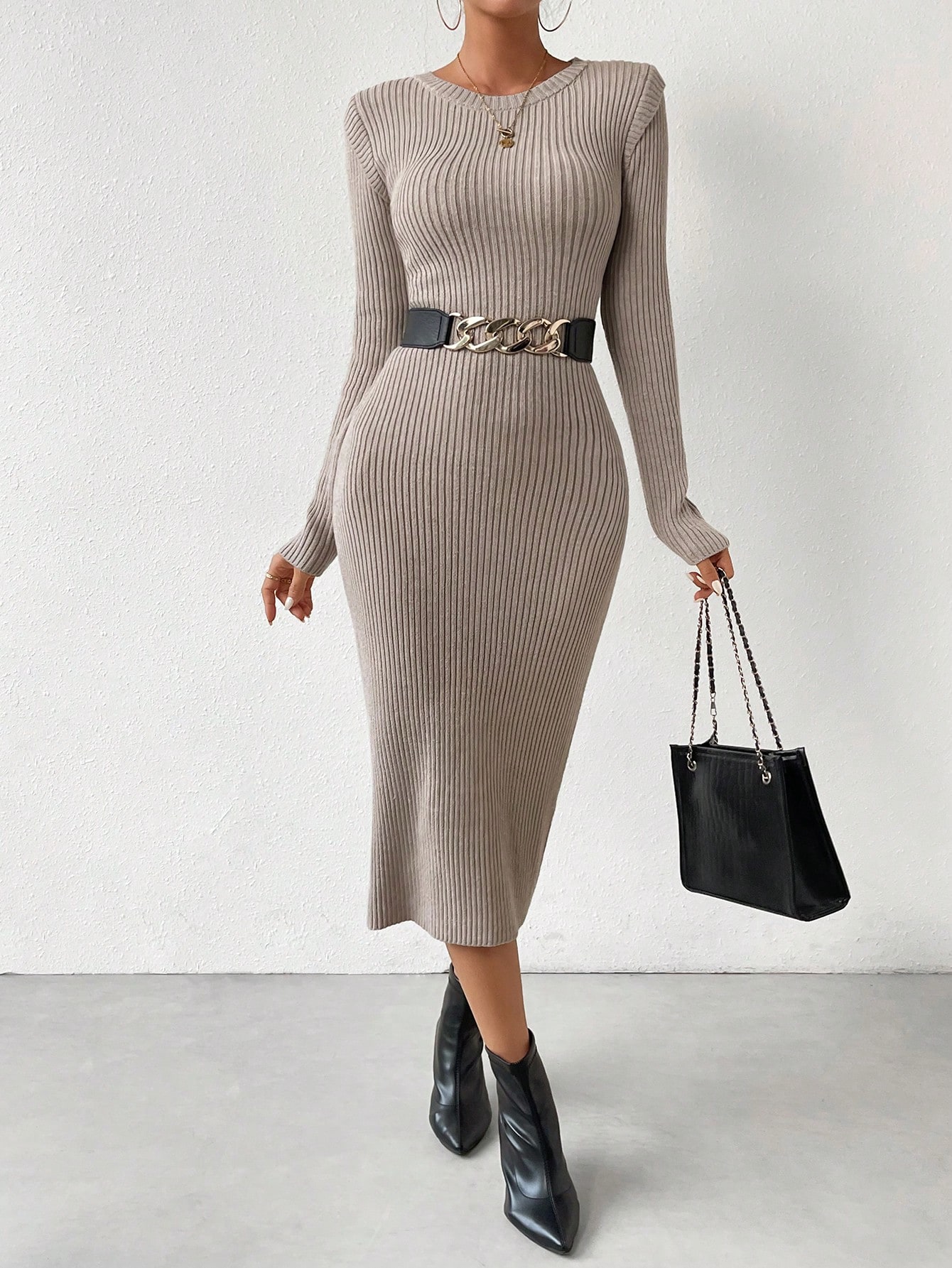 SHEIN Clasi Ladies' Solid Color Simple Design Fitted Sweater Dress ...