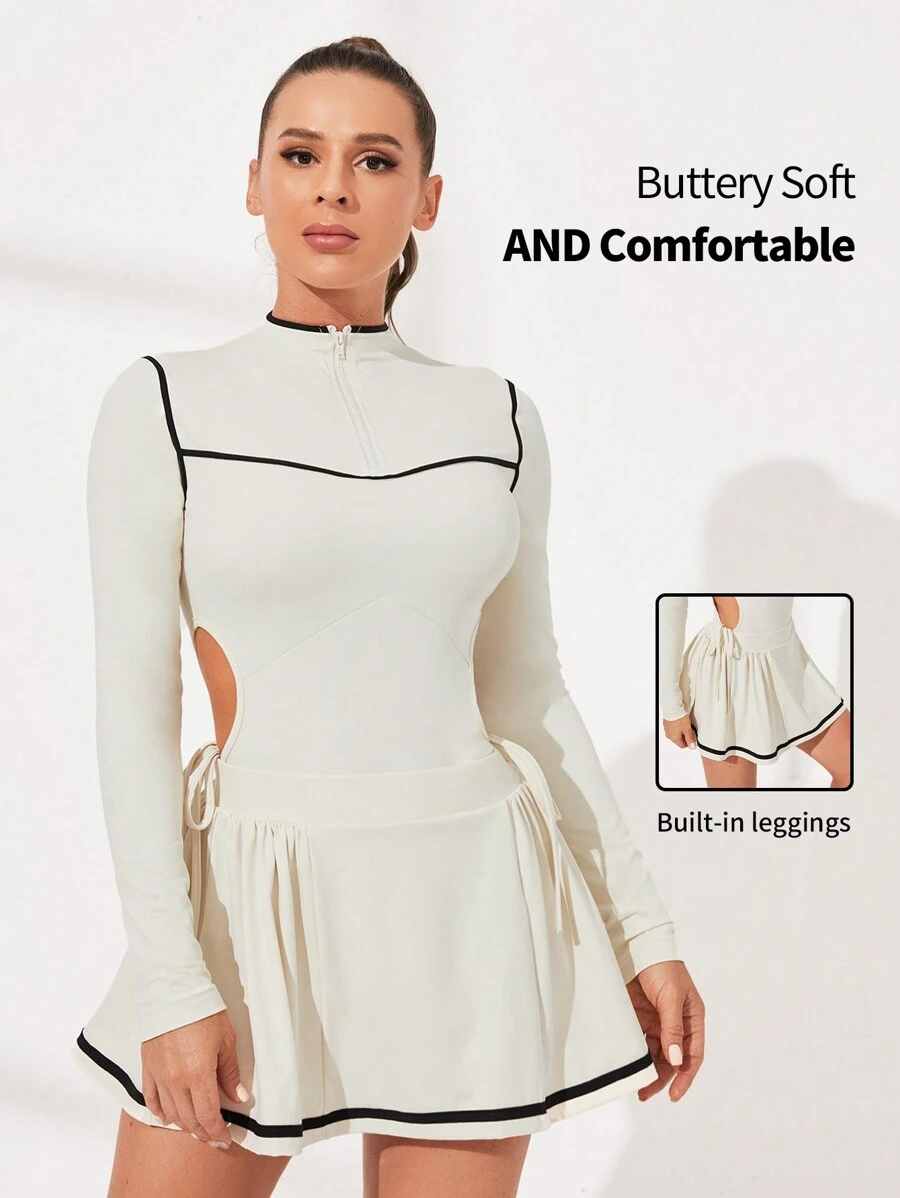 VARSITIE Color Block Hollow Out Lace-up Cutout Bodysuit & Mini Skirt ...