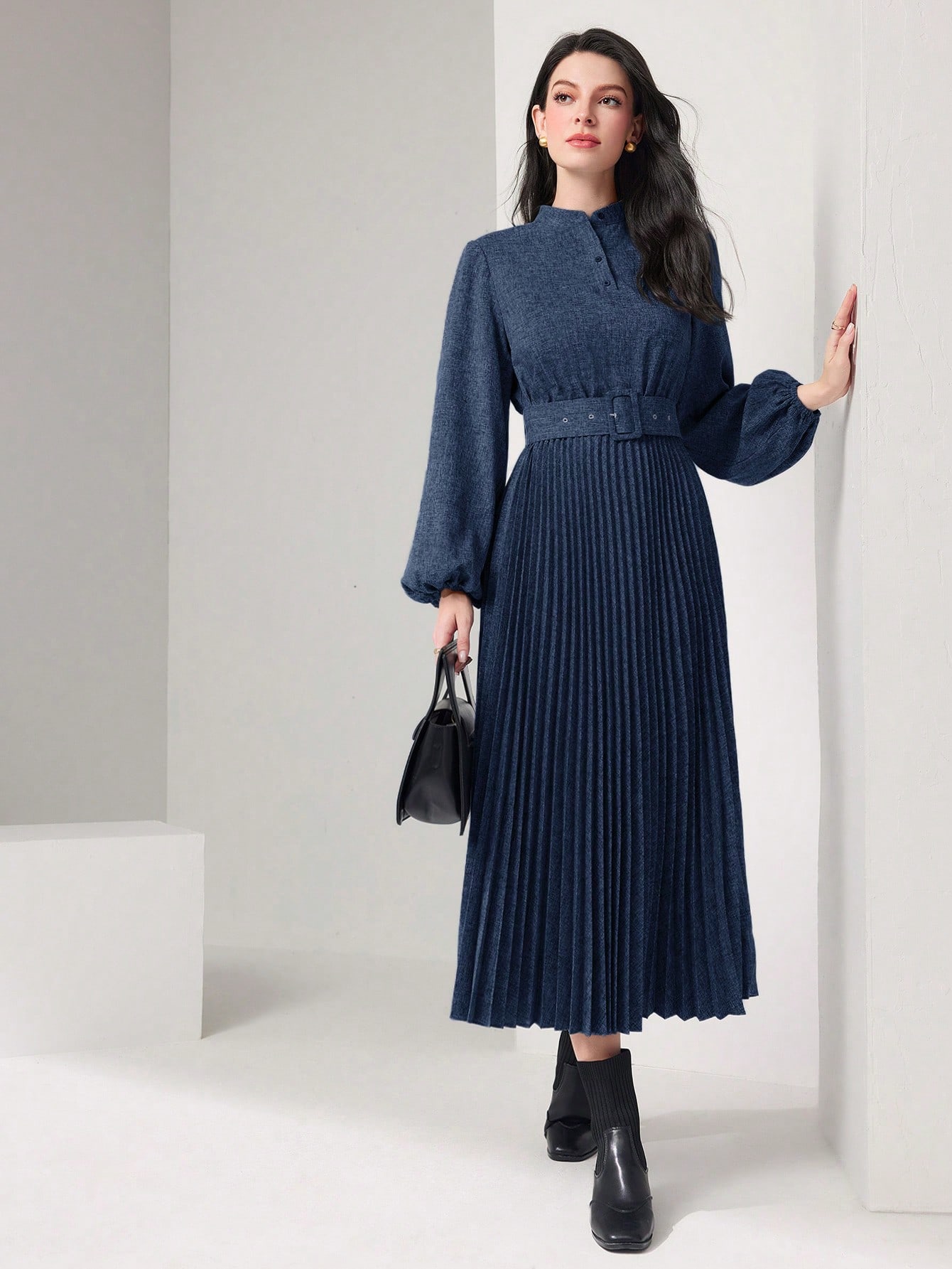 Shein Mulvari Ladies Button Up Lantern Sleeve Pleated Dress For Sale