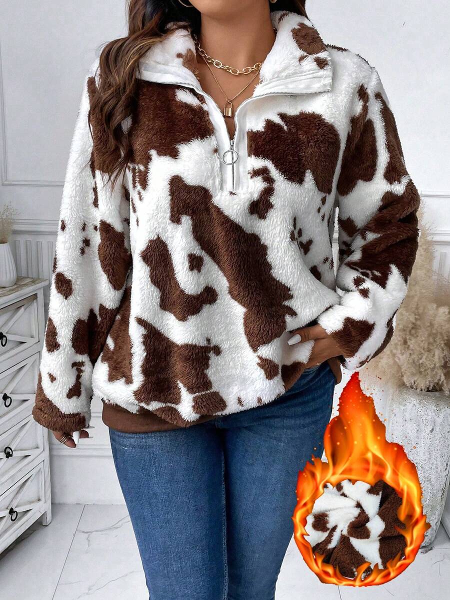Calvaya Plus Size Cow Print Plush Hoodie, Casual Sweatshirt For Autumn ...