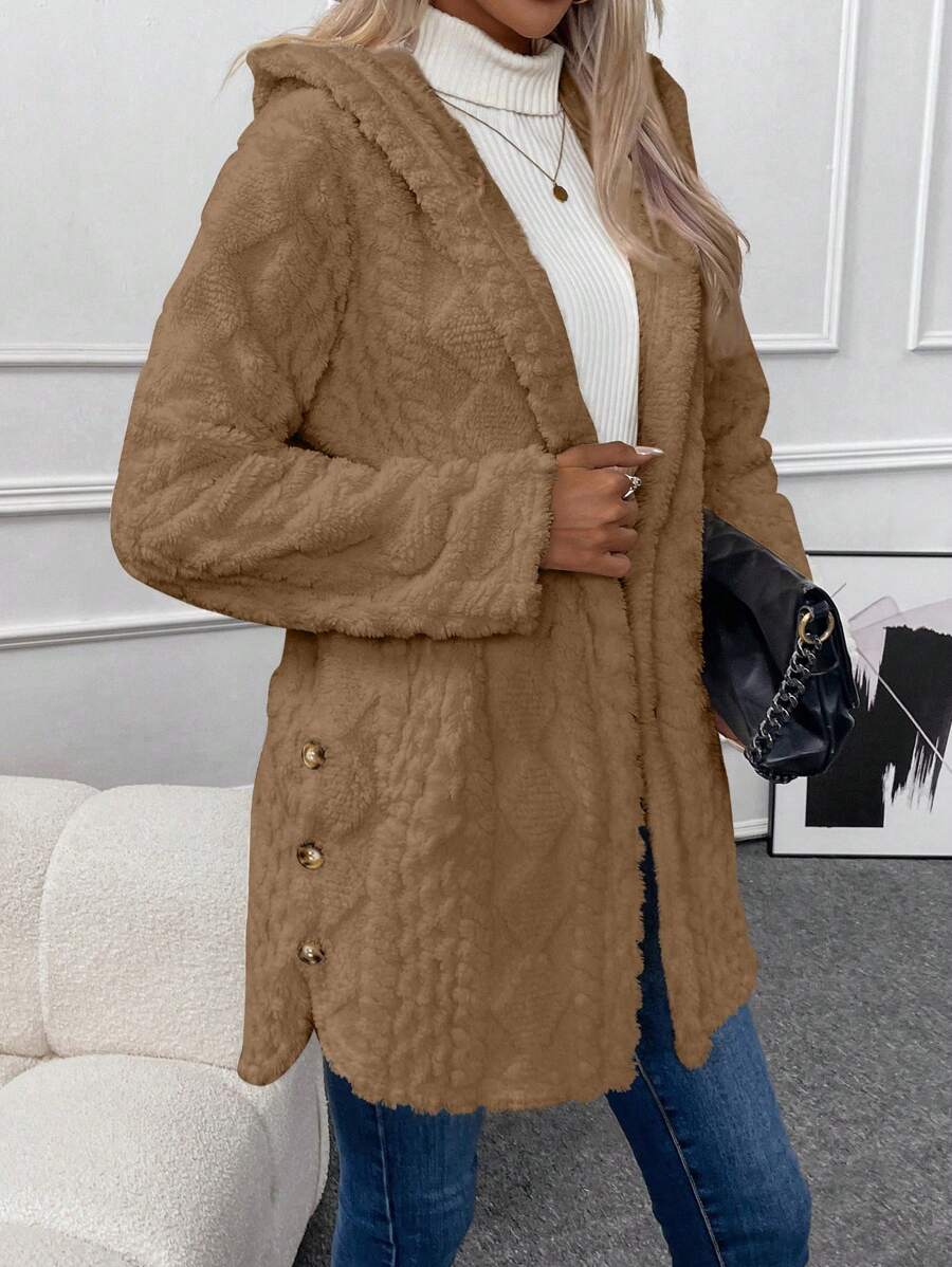 SHEIN LUNE Solid Button Front Hooded Teddy Coat | SHEIN USA