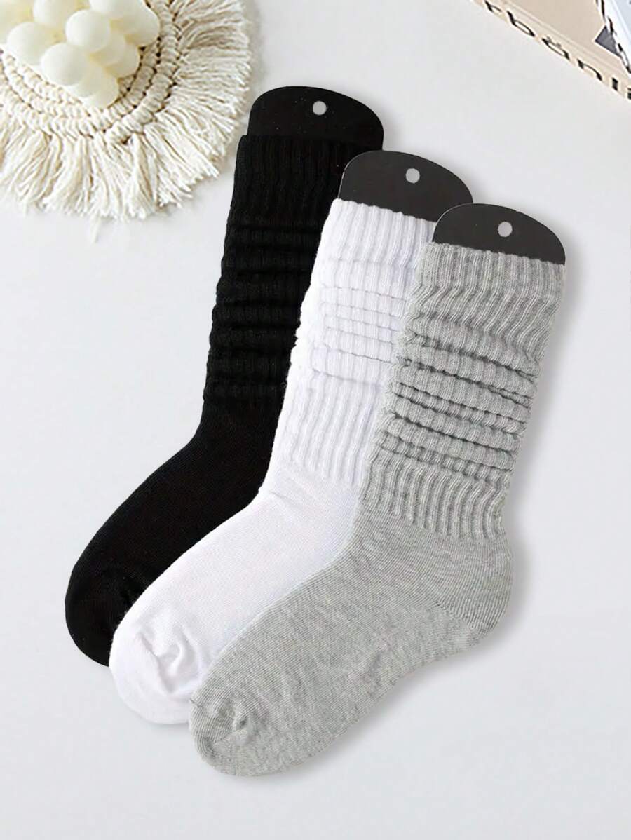 3 Pairs Solid Color Pile Heap Socks, Mid-calf Length | SHEIN USA
